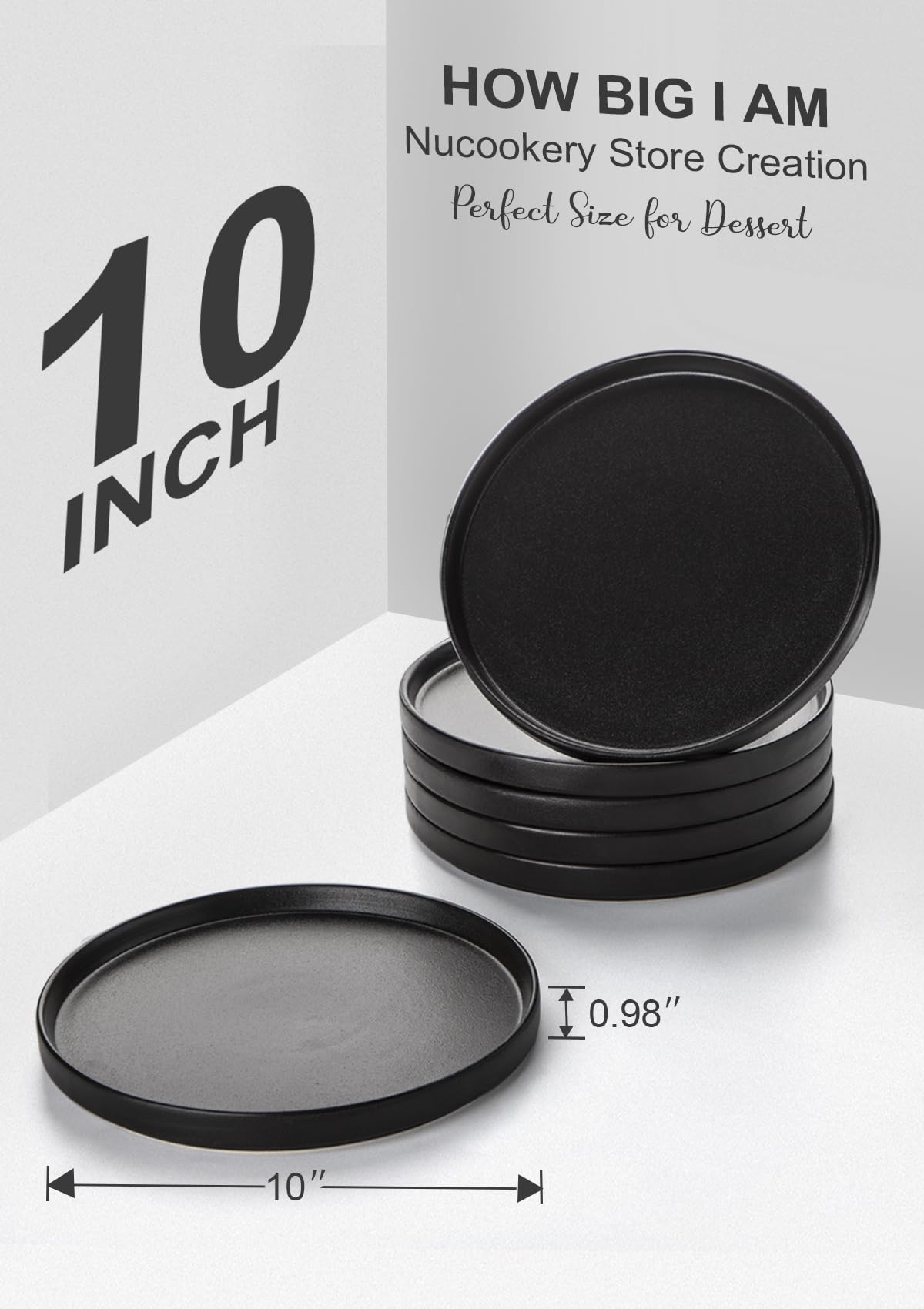 Nucookery Ceramic Dinner Plates Set of 6, 10 Inch Salad Plates, Round Dessert Plates, Large Dinnerware Plates for Kitchen, Microwave, Oven, Dishwasher Safe, Scratch Resistant - Matte Black