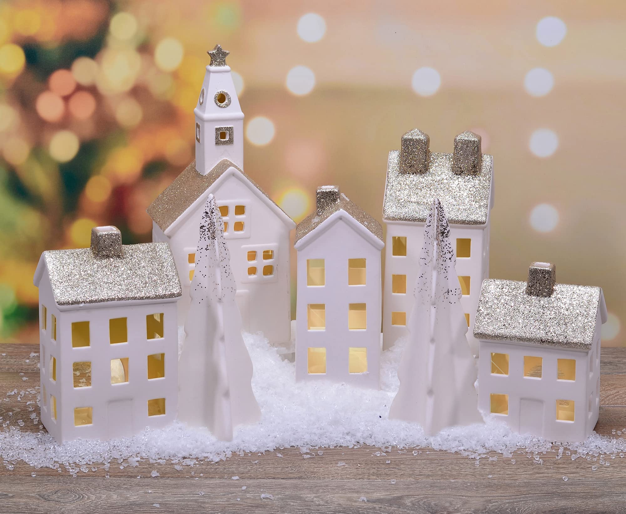 Mark Feldstein & Associates Village White Glitter 12 inch Porcelain LED Christmas Figurines 9 Piece Set