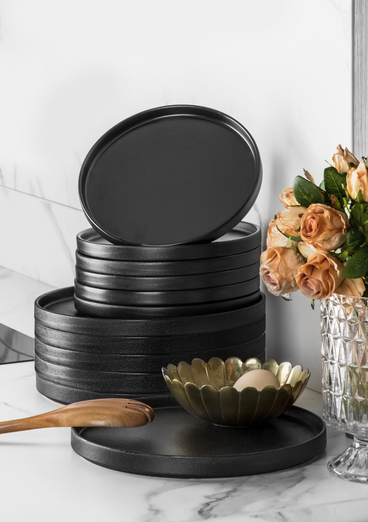 Nucookery Ceramic Dinner Plates Set of 6, 10 Inch Salad Plates, Round Dessert Plates, Large Dinnerware Plates for Kitchen, Microwave, Oven, Dishwasher Safe, Scratch Resistant - Matte Black