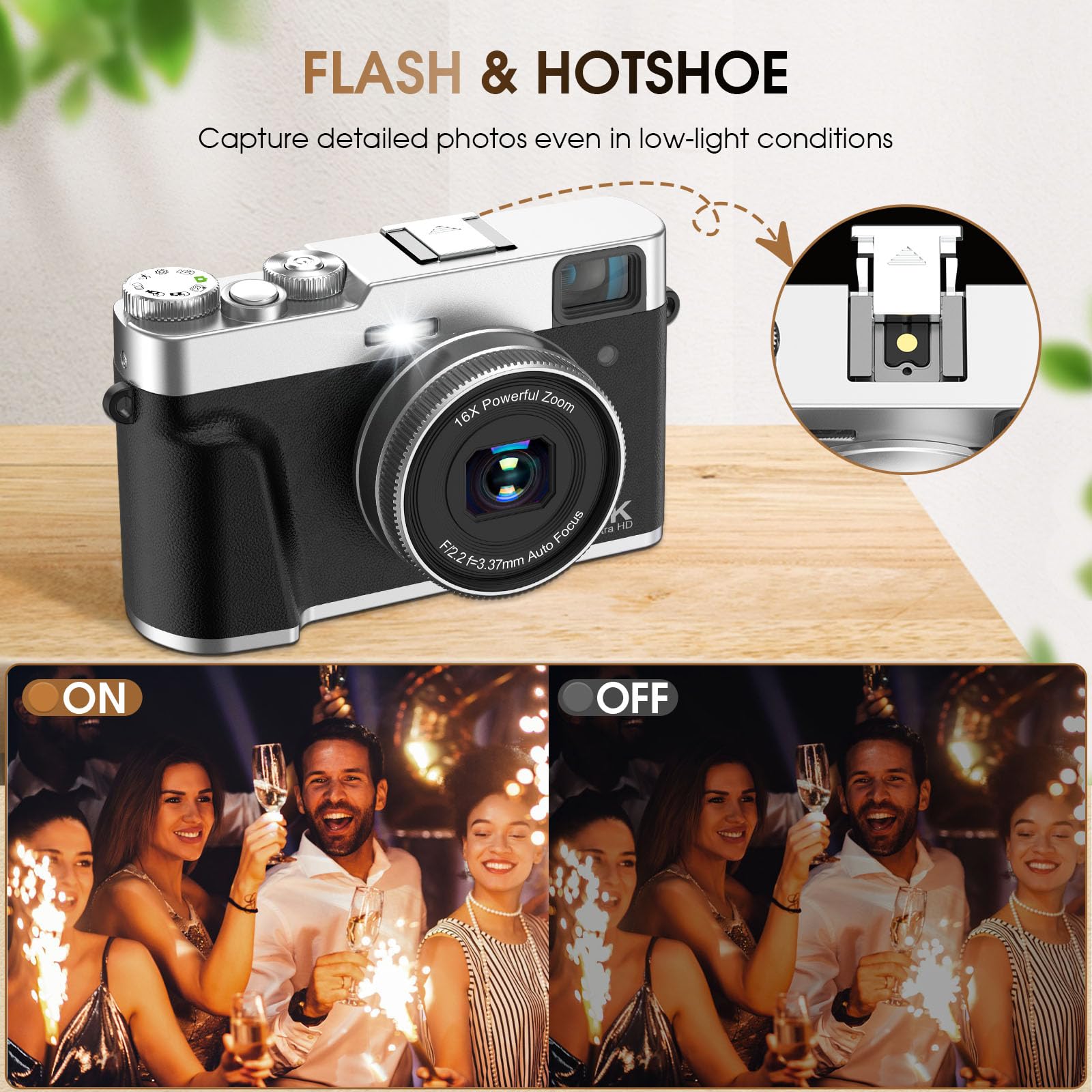 Upgraded 4K Digital Camera with SD Card Autofocus,48MP Point and Shoot Camera with Flash Viewfinder & Dial,Vlogging Camera Anti-Shake,16X Zoom Portable Travel Camera,2 Batteries