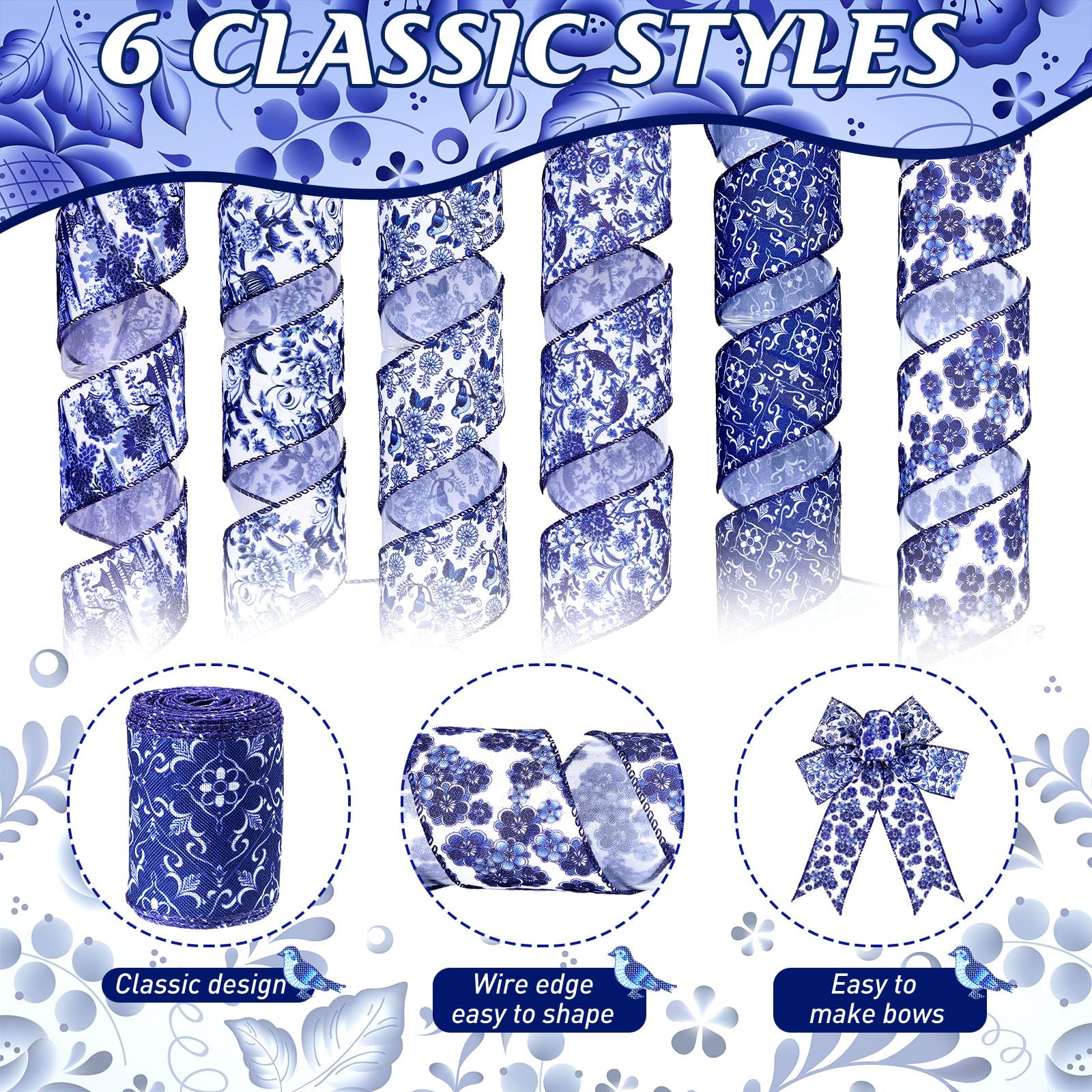 Lyrow 6 Rolls Christmas Chinoiserie Ribbon White and Blue Wired Edge Floral Ribbon Butterfly Flower Pattern Fabric Craft Wreath Bow Wrapping 2.52 Inches by 5 Yards