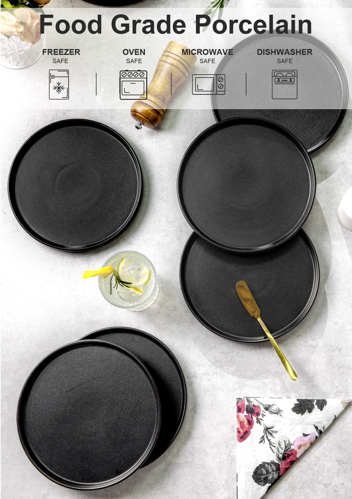 Nucookery Ceramic Dinner Plates Set of 6, 10 Inch Salad Plates, Round Dessert Plates, Large Dinnerware Plates for Kitchen, Microwave, Oven, Dishwasher Safe, Scratch Resistant - Matte Black