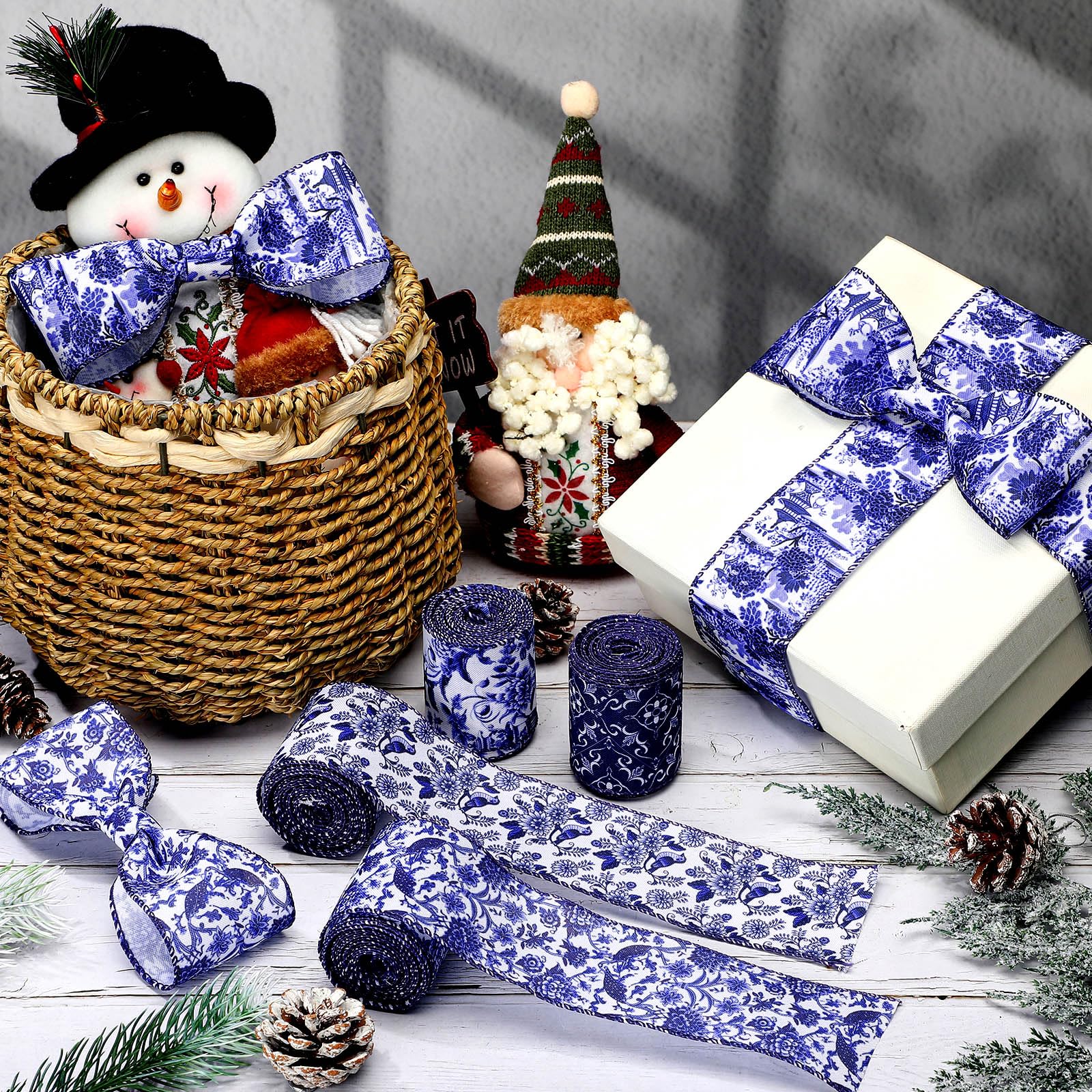 Lyrow 6 Rolls Christmas Chinoiserie Ribbon White and Blue Wired Edge Floral Ribbon Butterfly Flower Pattern Fabric Craft Wreath Bow Wrapping 2.52 Inches by 5 Yards