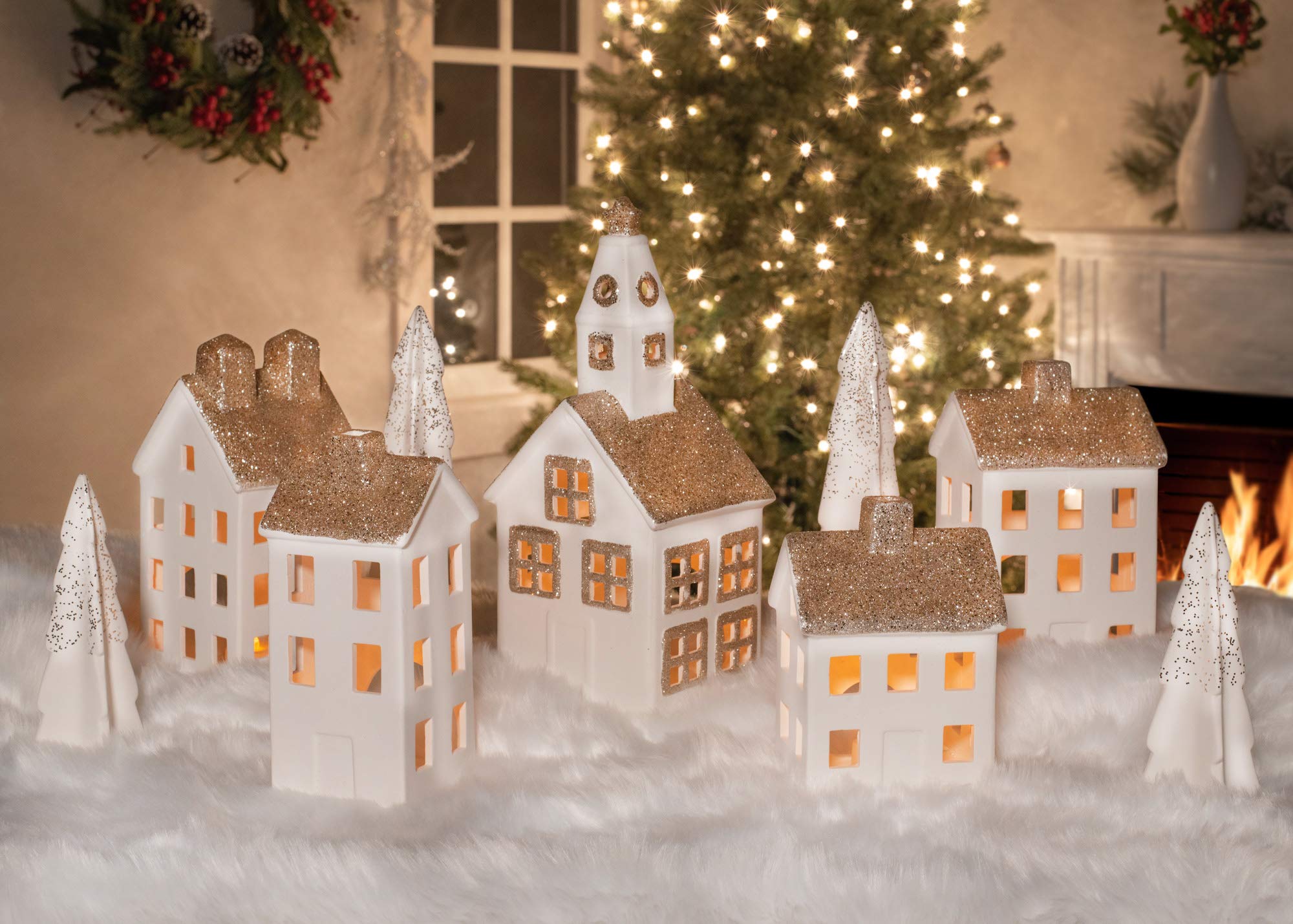 Mark Feldstein & Associates Village White Glitter 12 inch Porcelain LED Christmas Figurines 9 Piece Set
