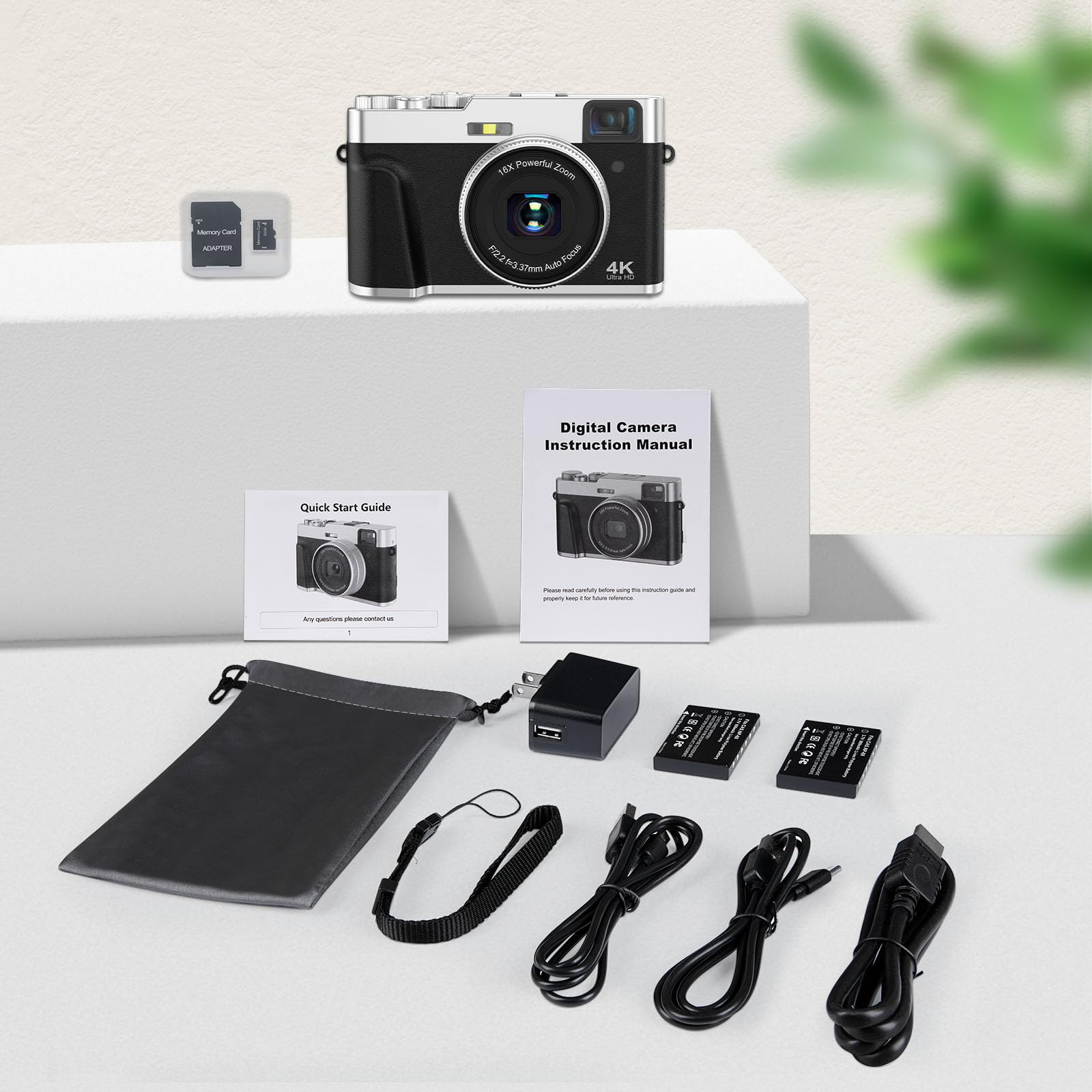 Upgraded 4K Digital Camera with SD Card Autofocus,48MP Point and Shoot Camera with Flash Viewfinder & Dial,Vlogging Camera Anti-Shake,16X Zoom Portable Travel Camera,2 Batteries