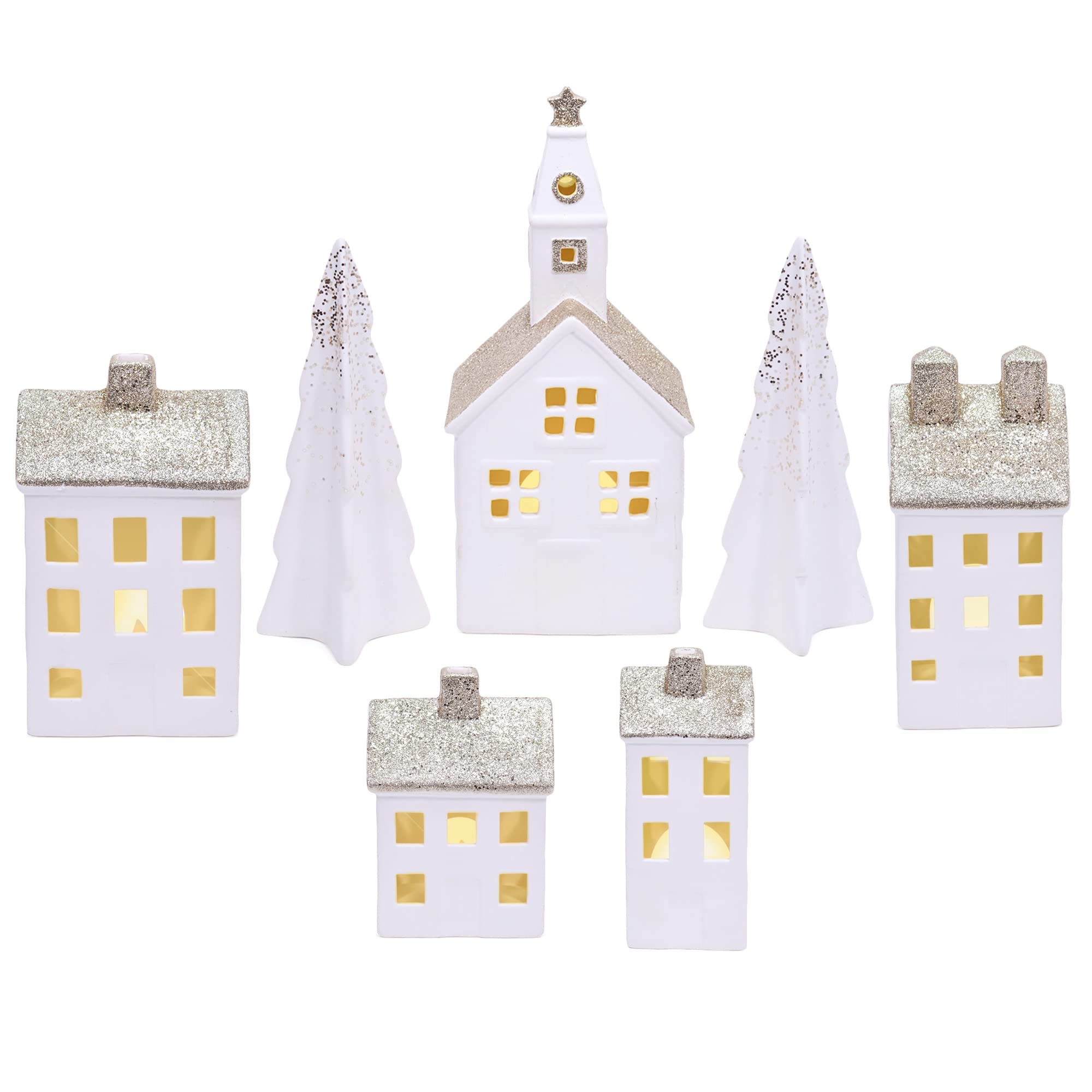 Mark Feldstein & Associates Village White Glitter 12 inch Porcelain LED Christmas Figurines 9 Piece Set