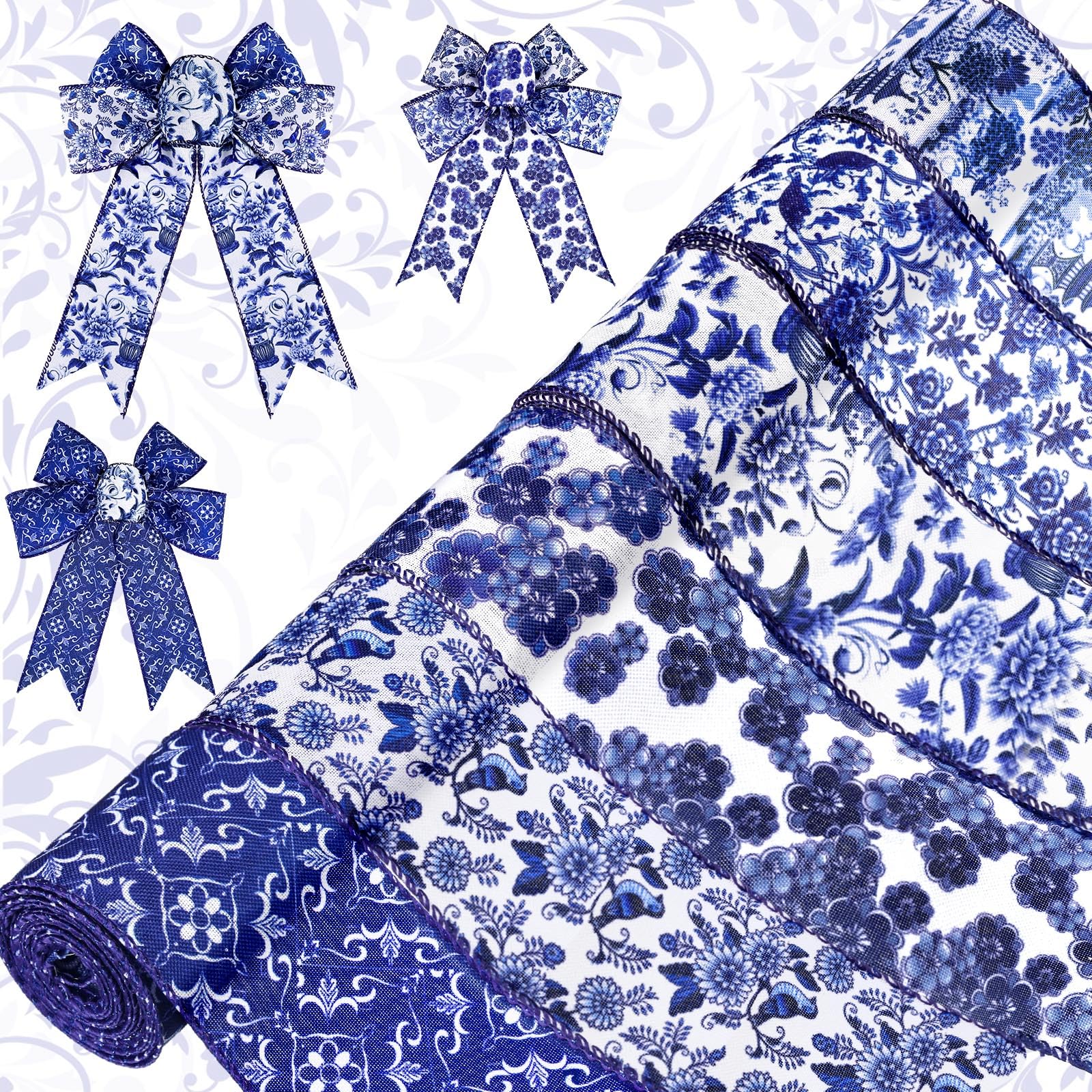 Lyrow 6 Rolls Christmas Chinoiserie Ribbon White and Blue Wired Edge Floral Ribbon Butterfly Flower Pattern Fabric Craft Wreath Bow Wrapping 2.52 Inches by 5 Yards