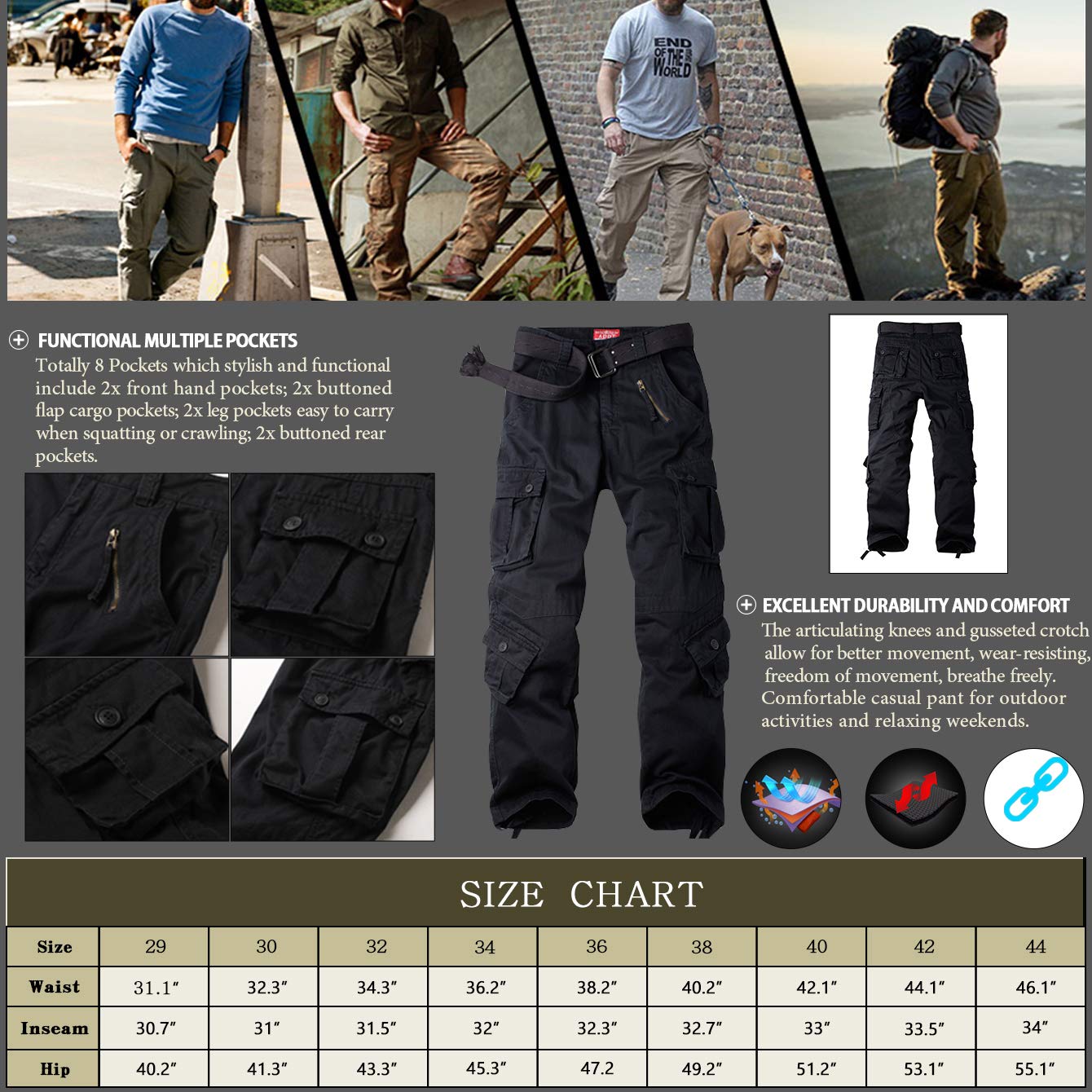 AKARMY Men's Casual Cargo Pants Military Army Camo Pants Combat Work Pants with 8 Pockets Royal Blue 42