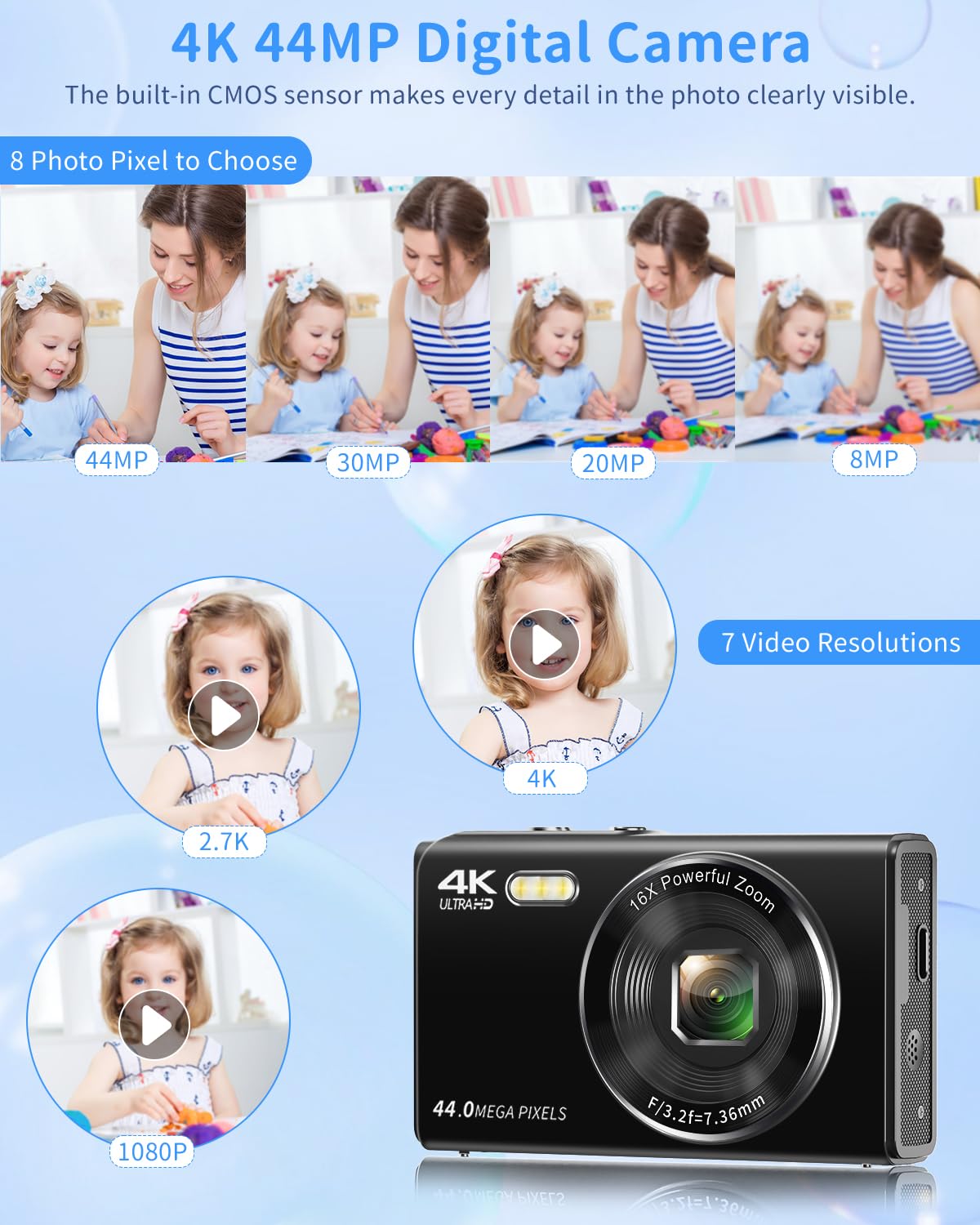 NIKICAM Digital Camera,4K 44MP Kids Digital Camera with 32GB SD Card Compact Point and Shoot Camera with 16X Digital Zoom 2.4 Inch Portable Small Camera for Kids Teens Adults-Black
