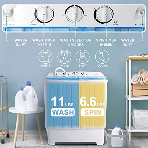 SUPER DEAL 2IN1 Portable Washing Machine 17.6lbs Mini Twin Tub Compact Laundry Washer Spinner Cycle Combo for Apartment, Camping, Dorms and RV, Timer Control, Gravity Drain and Inlet Water Hose