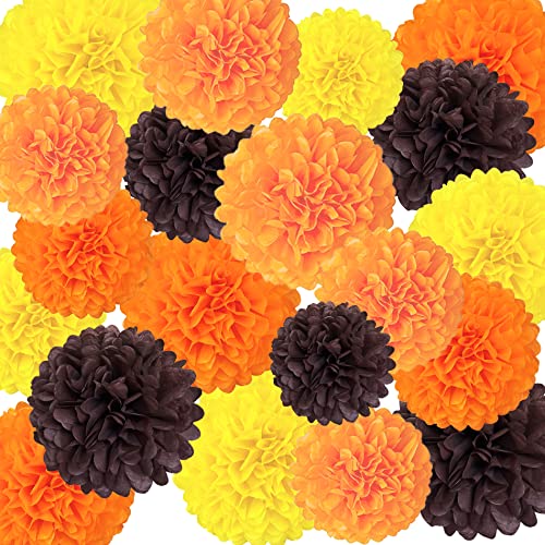 20pcs Decorative Tissue Paper Pom Poms of 14in, 12in, 10in, 8in, 6in for Autumn Party Halloween Birthday Wedding Fiesta Birthday Indoor and Outdoor Decoration (Oranges, Yellow, Brown)