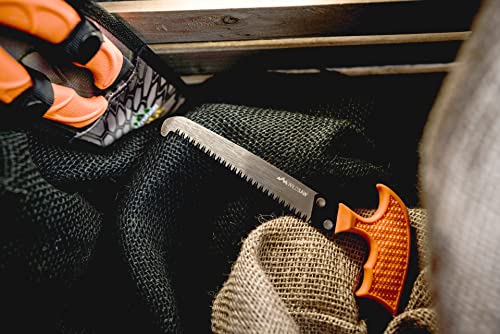 OUTDOOR EDGE WildGuide 4-Piece Hunting Knife Set & Field Dressing Kit | Featuring Razor-Sharp Caping Knife, Gut-Hook Skinning Knife, Bone Saw, in a Camo Nylon Belt Sheath | Butcher Knife Set for Deer