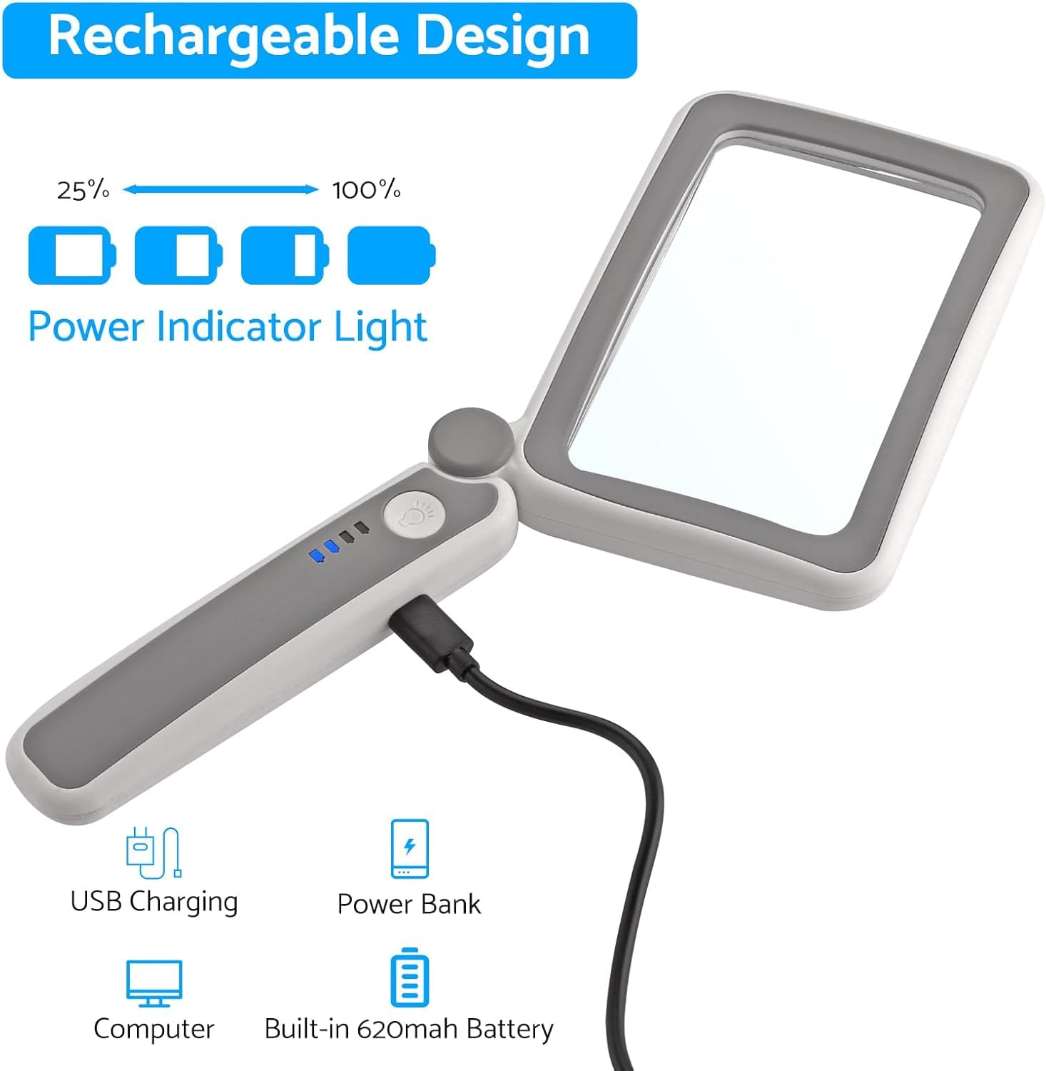 Handheld Magnifying Glass with Light,eSynic Rechargeable 4X Handheld Magnifying Glass High Clarity Acrylic Lenses Magnifying Glasses 4.3 * 2.5Inch Large Screen Handheld Magnifier for Reading etc
