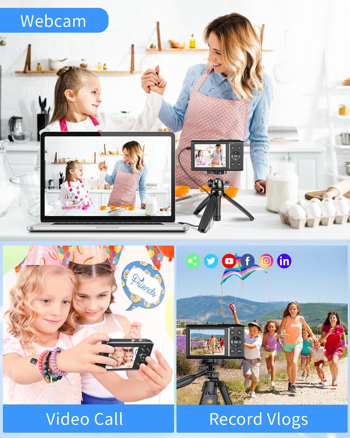 NIKICAM Digital Camera,4K 44MP Kids Digital Camera with 32GB SD Card Compact Point and Shoot Camera with 16X Digital Zoom 2.4 Inch Portable Small Camera for Kids Teens Adults-Black