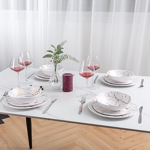 ZAROCRUS 12 pcs Melamine Dinnerware Sets, Marble White Plates and Bowls Set, Lightweight Kitchen Dinnerware Set for Indoor and Outdoor Use, BPA Free and Dishwasher Safes, Service for 4