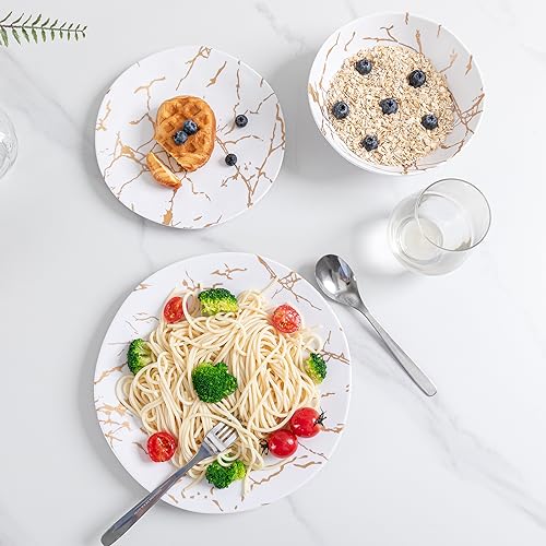 ZAROCRUS 12 pcs Melamine Dinnerware Sets, Marble White Plates and Bowls Set, Lightweight Kitchen Dinnerware Set for Indoor and Outdoor Use, BPA Free and Dishwasher Safes, Service for 4