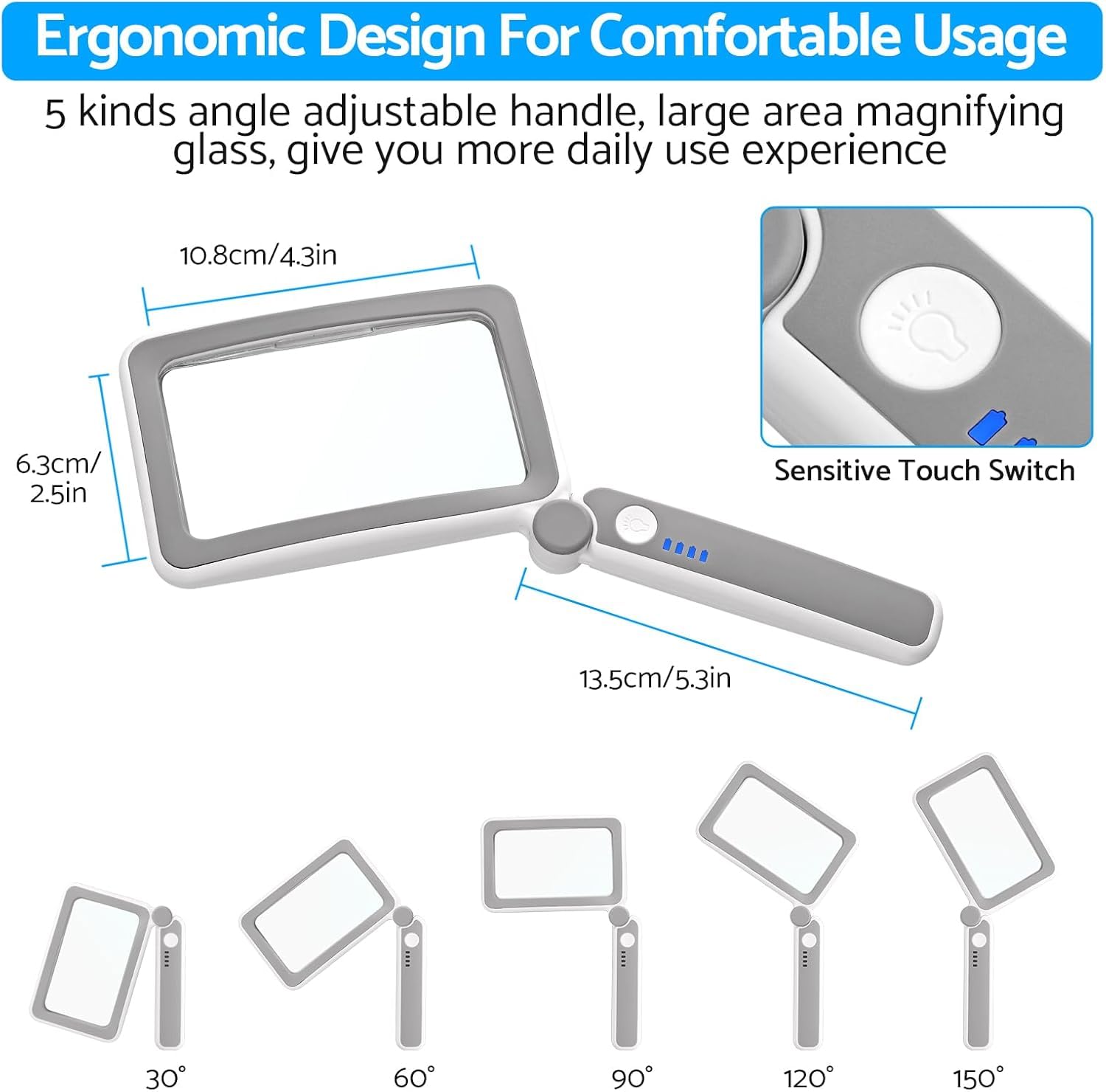 Handheld Magnifying Glass with Light,eSynic Rechargeable 4X Handheld Magnifying Glass High Clarity Acrylic Lenses Magnifying Glasses 4.3 * 2.5Inch Large Screen Handheld Magnifier for Reading etc