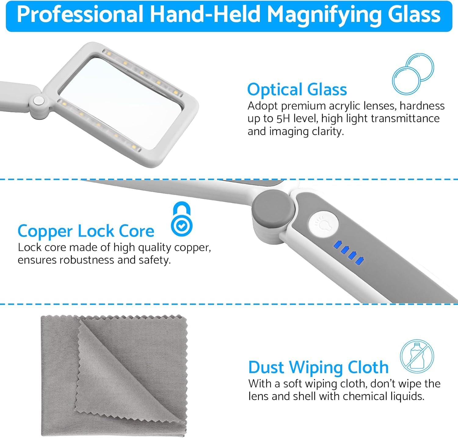 Handheld Magnifying Glass with Light,eSynic Rechargeable 4X Handheld Magnifying Glass High Clarity Acrylic Lenses Magnifying Glasses 4.3 * 2.5Inch Large Screen Handheld Magnifier for Reading etc