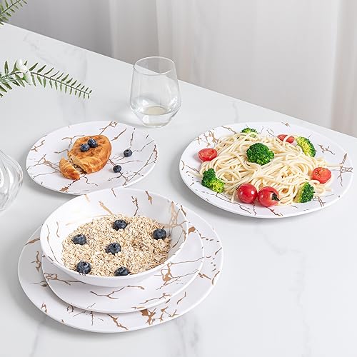 ZAROCRUS 12 pcs Melamine Dinnerware Sets, Marble White Plates and Bowls Set, Lightweight Kitchen Dinnerware Set for Indoor and Outdoor Use, BPA Free and Dishwasher Safes, Service for 4