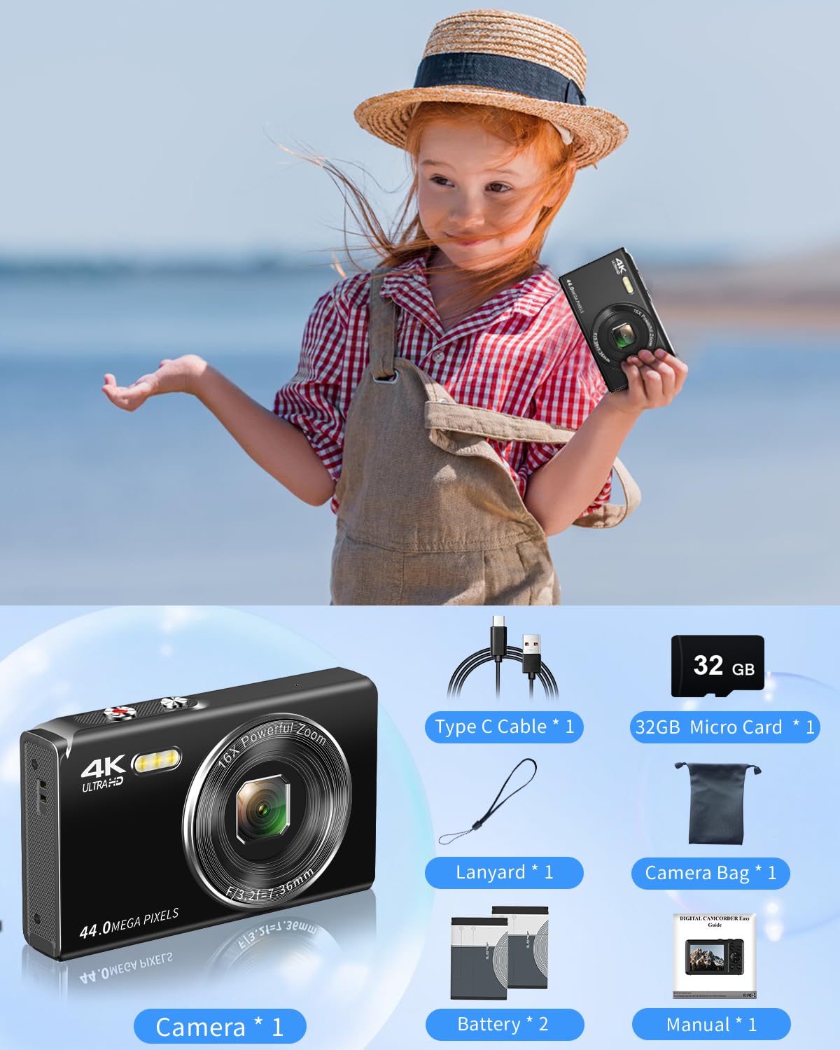 NIKICAM Digital Camera,4K 44MP Kids Digital Camera with 32GB SD Card Compact Point and Shoot Camera with 16X Digital Zoom 2.4 Inch Portable Small Camera for Kids Teens Adults-Black