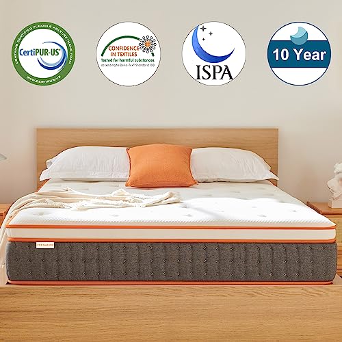 IYEE NATURE King Size Mattress, 10 Inch Innerspring Hybrid Mattress in a Box,Individually Pocket Coils for Motion Isolation,King Bed with Cooling Cover,King Mattress,Medium Firm,Orange