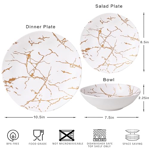 ZAROCRUS 12 pcs Melamine Dinnerware Sets, Marble White Plates and Bowls Set, Lightweight Kitchen Dinnerware Set for Indoor and Outdoor Use, BPA Free and Dishwasher Safes, Service for 4