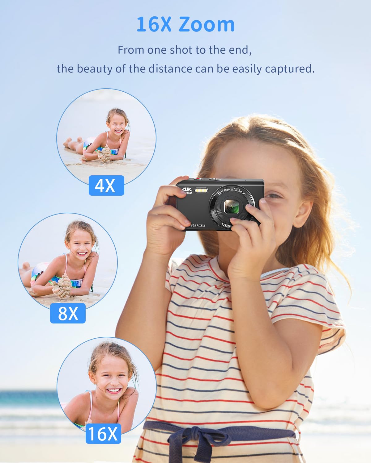 NIKICAM Digital Camera,4K 44MP Kids Digital Camera with 32GB SD Card Compact Point and Shoot Camera with 16X Digital Zoom 2.4 Inch Portable Small Camera for Kids Teens Adults-Black