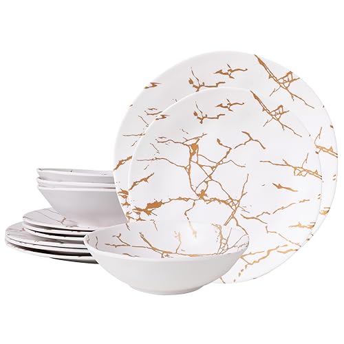 ZAROCRUS 12 pcs Melamine Dinnerware Sets, Marble White Plates and Bowls Set, Lightweight Kitchen Dinnerware Set for Indoor and Outdoor Use, BPA Free and Dishwasher Safes, Service for 4