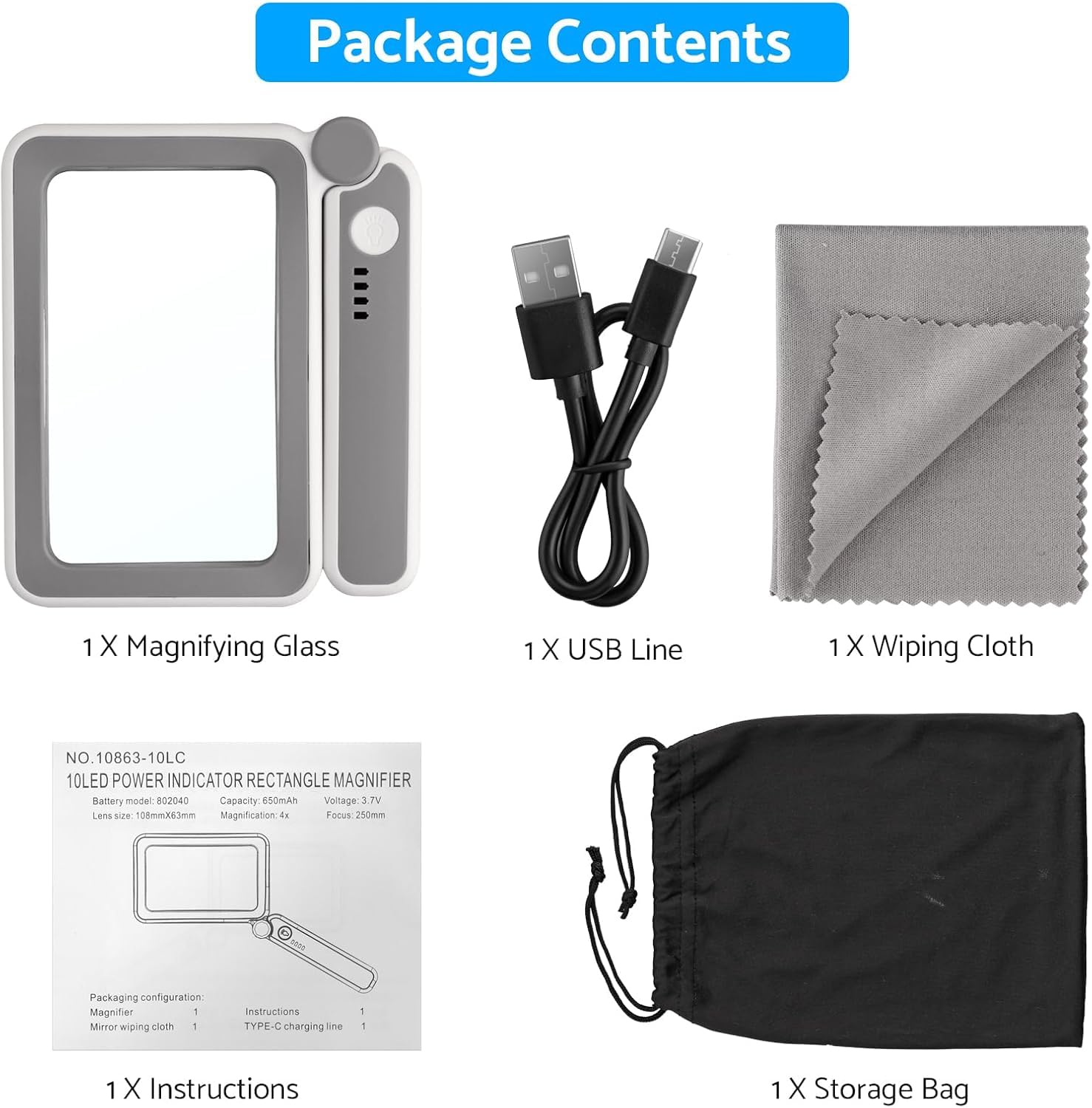 Handheld Magnifying Glass with Light,eSynic Rechargeable 4X Handheld Magnifying Glass High Clarity Acrylic Lenses Magnifying Glasses 4.3 * 2.5Inch Large Screen Handheld Magnifier for Reading etc