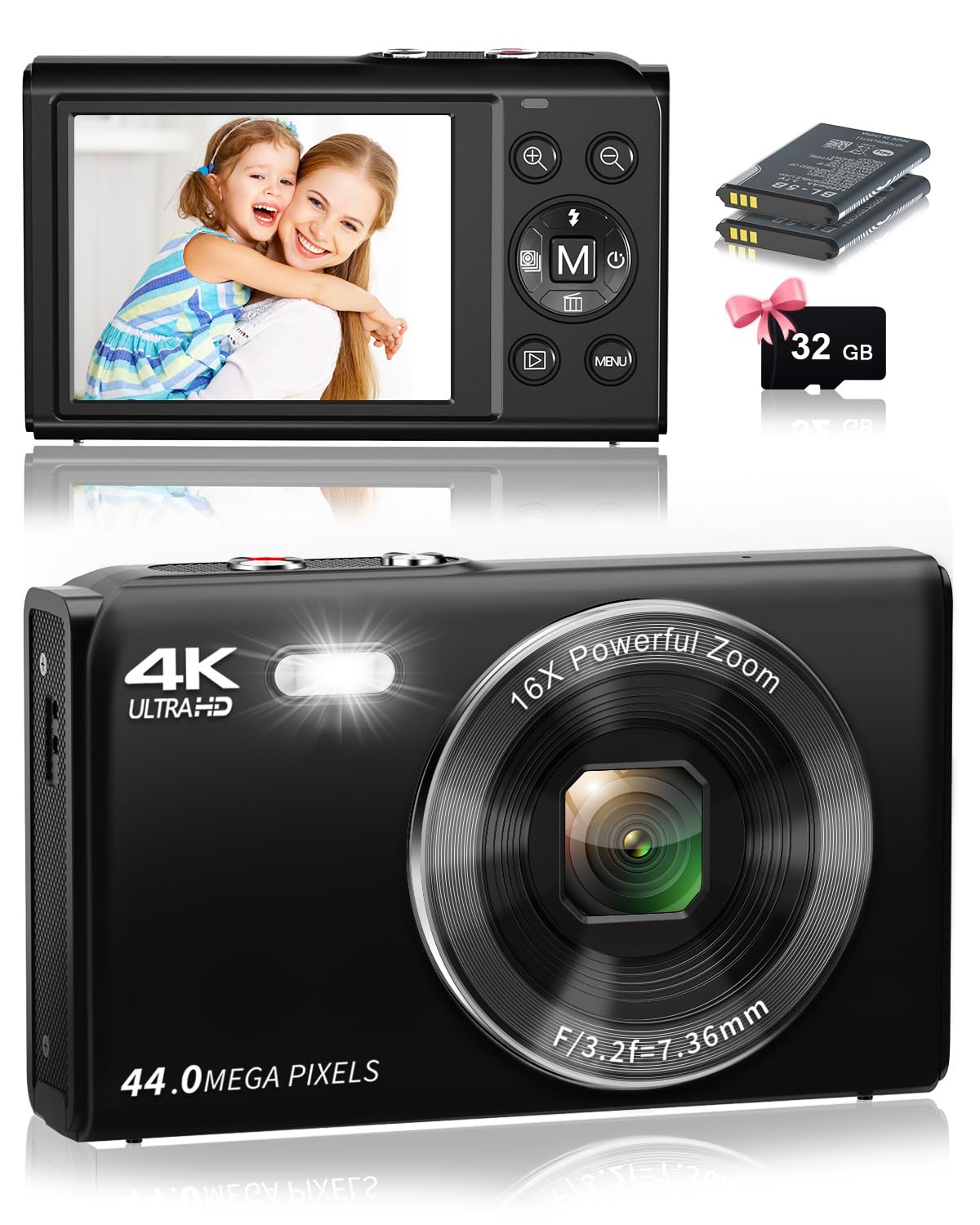 NIKICAM Digital Camera,4K 44MP Kids Digital Camera with 32GB SD Card Compact Point and Shoot Camera with 16X Digital Zoom 2.4 Inch Portable Small Camera for Kids Teens Adults-Black
