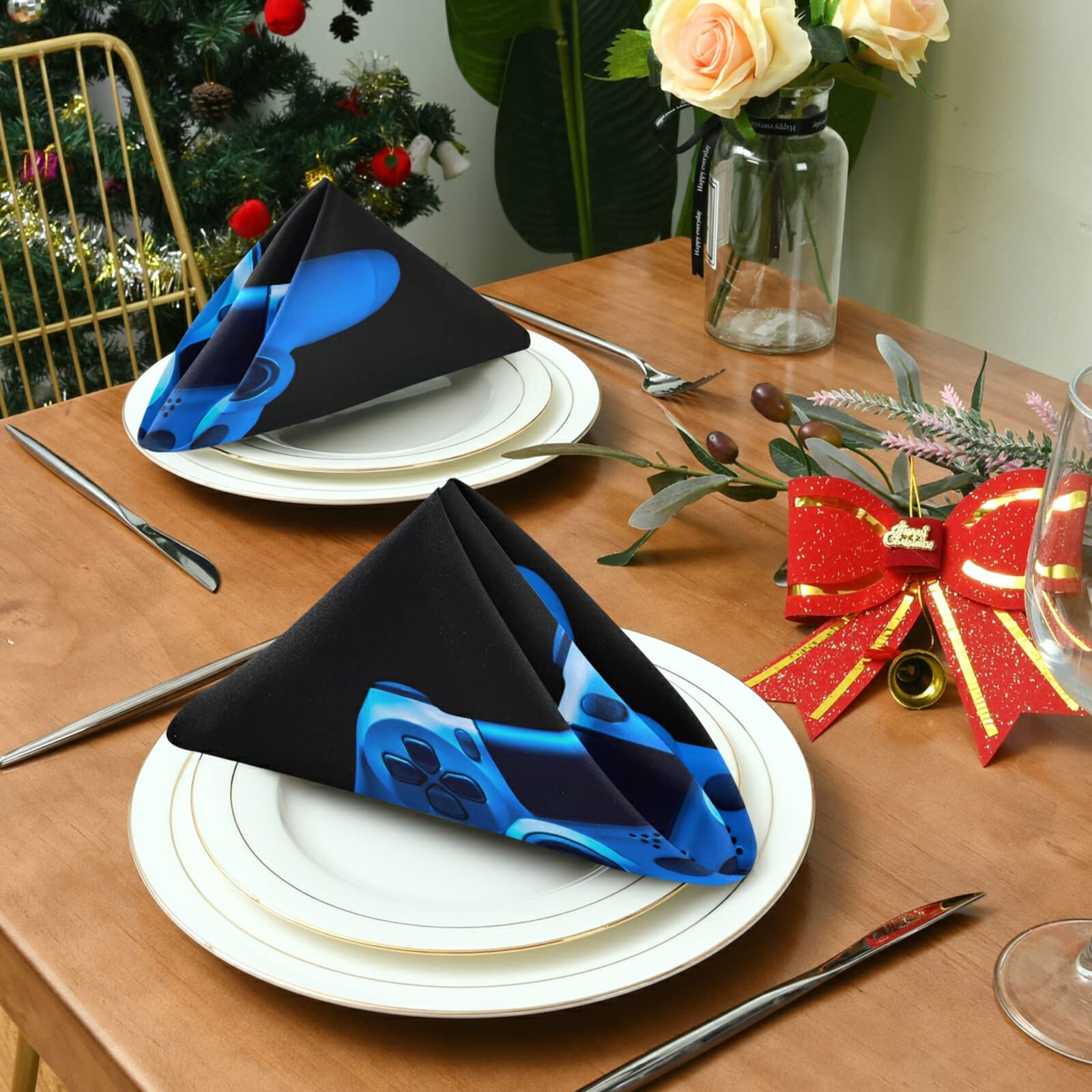 Oyihfvs Video Game Joystick Gamepad in Blue Neon Lights Isolated on Black Cloth Napkin Set of 1,Dinner Napkins Reusable Table Napkin Washable Polyester Fabric for Cocktail Party Holiday Wedding Home