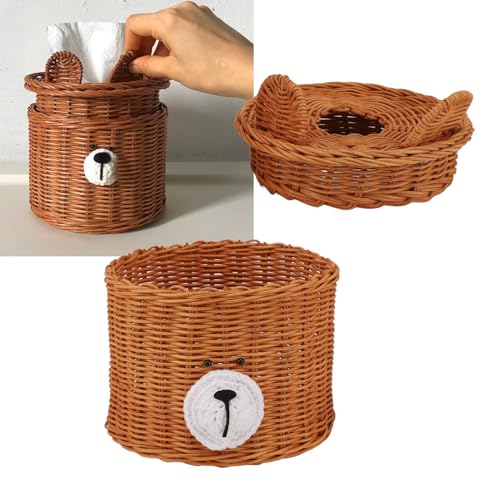 Atyhao Cute Bear Tissue Box Cover Rattan Holder with Lid, Round Easy Maintenance Dispenser, Versatile Decor, Photography Prop for Kids Rooms, Tables