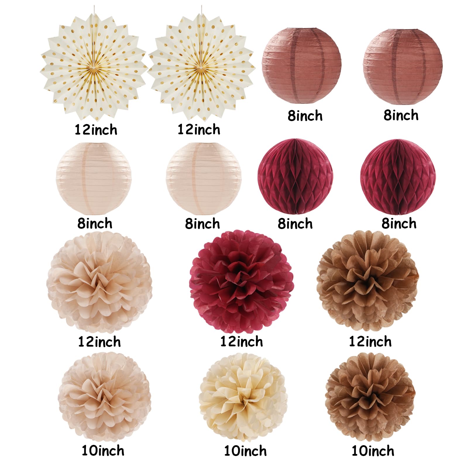 Brown Burgundy Champagne Boho Party-Decorations - 14pcs Rustic Wedding Paper Lanterns Fan,Tissue Pom Poms Streamers,Honeycomb,Fall Autumn Birthday Baby Bridal Shower Engagement Decor Lasting Surprise
