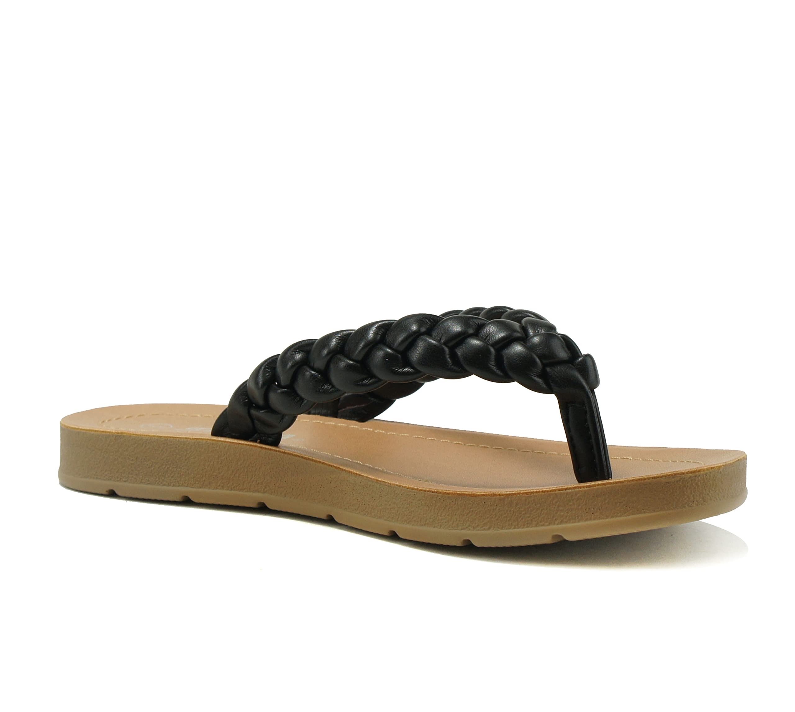 Soda STILL ~ Women Casual Comfort Braided Flip Flops Flat Fashion Thong Sandal (10, BLACK PU, numeric_10)