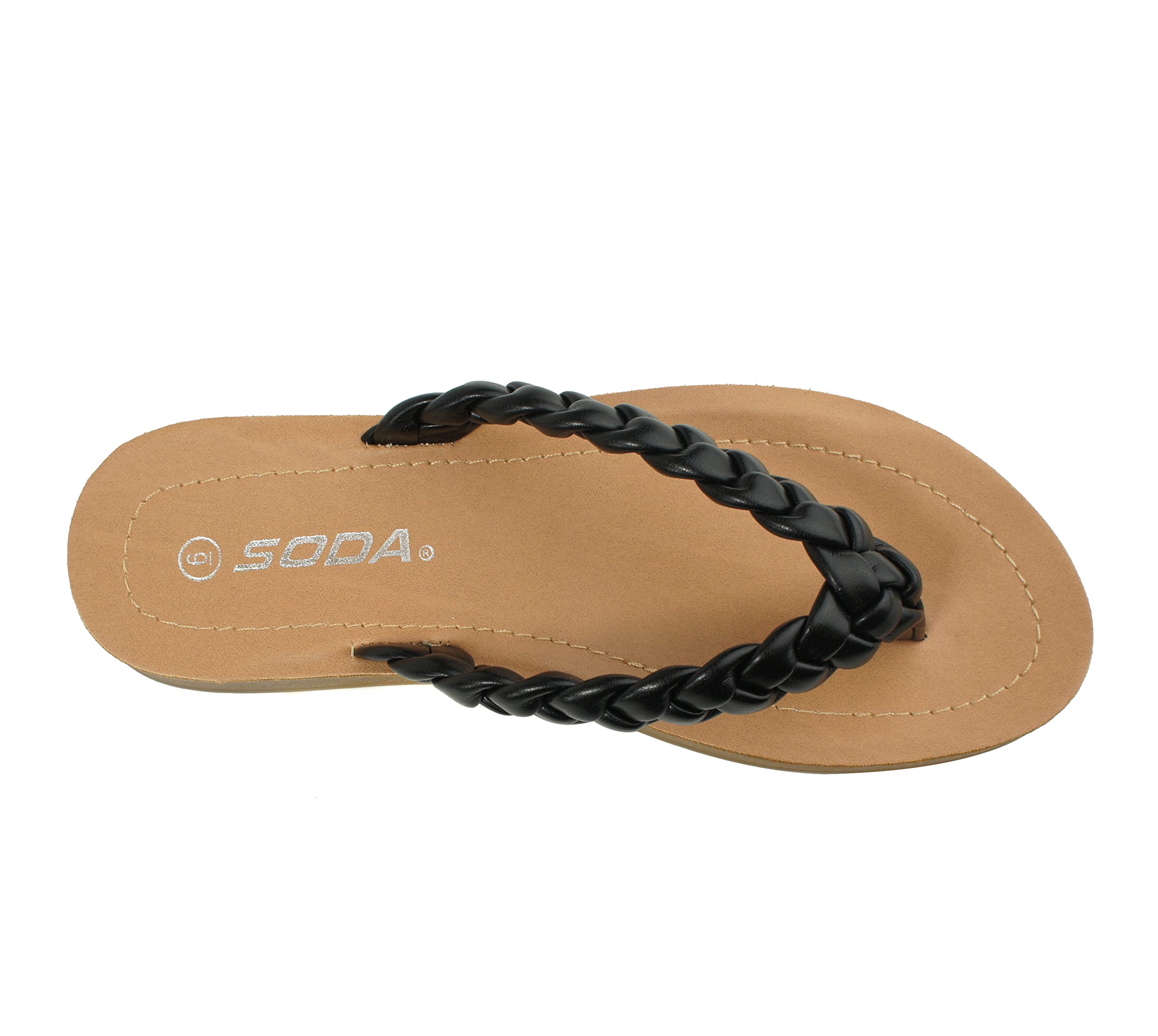 Soda STILL ~ Women Casual Comfort Braided Flip Flops Flat Fashion Thong Sandal (10, BLACK PU, numeric_10)