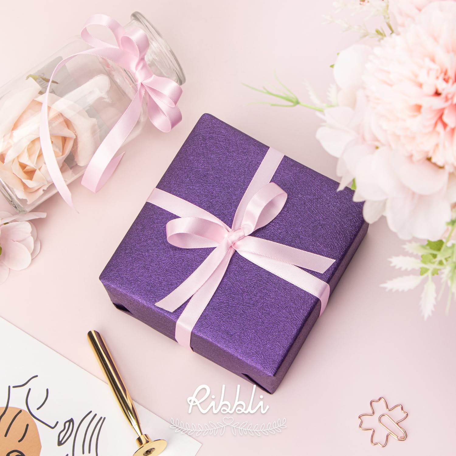 Ribbli Light Pink Satin Ribbon Double Faced Satin 3/8 Inch x Continuous 50 Yards-Light Pink Ribbon for Gift Wrapping Crafts Wedding Decoration Bows Bouquet Floral Arrangement