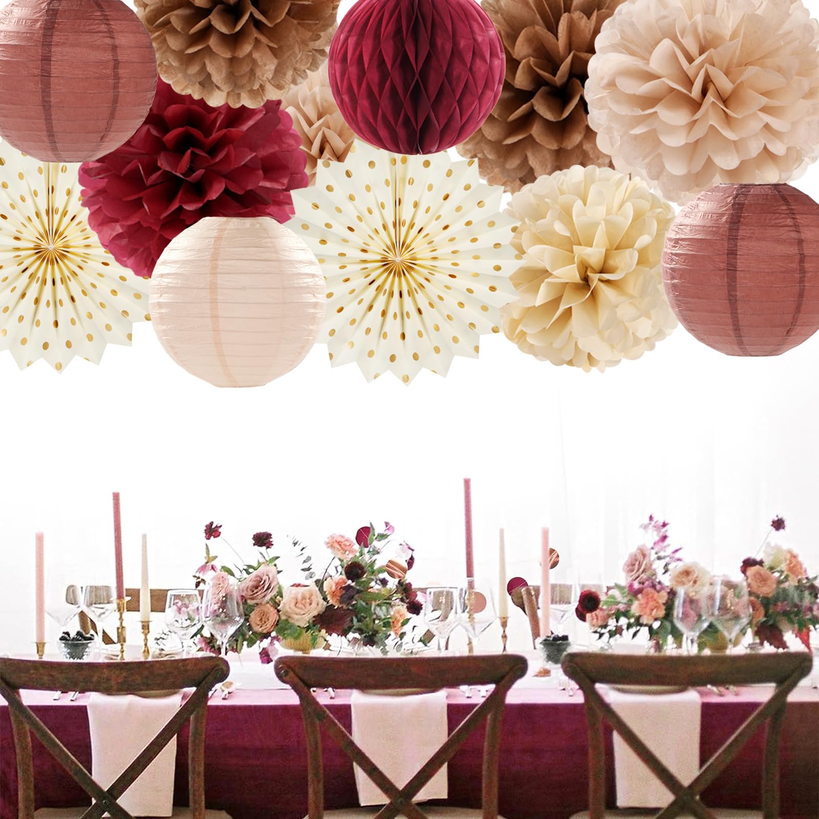 Brown Burgundy Champagne Boho Party-Decorations - 14pcs Rustic Wedding Paper Lanterns Fan,Tissue Pom Poms Streamers,Honeycomb,Fall Autumn Birthday Baby Bridal Shower Engagement Decor Lasting Surprise