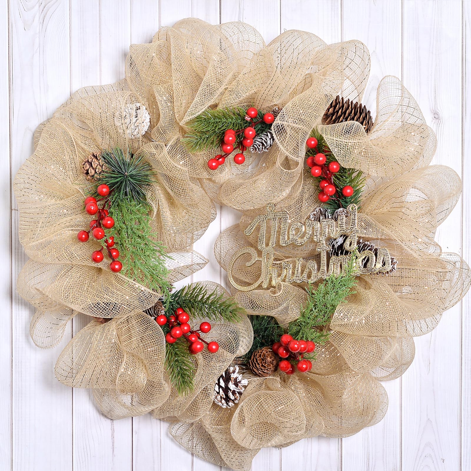 YAMA Deco Mesh Ribbon with Metallic Foil, 10 inch x 30 feet, for Christmas, Wreath, DIY Crafts and Home Decoration, Tan