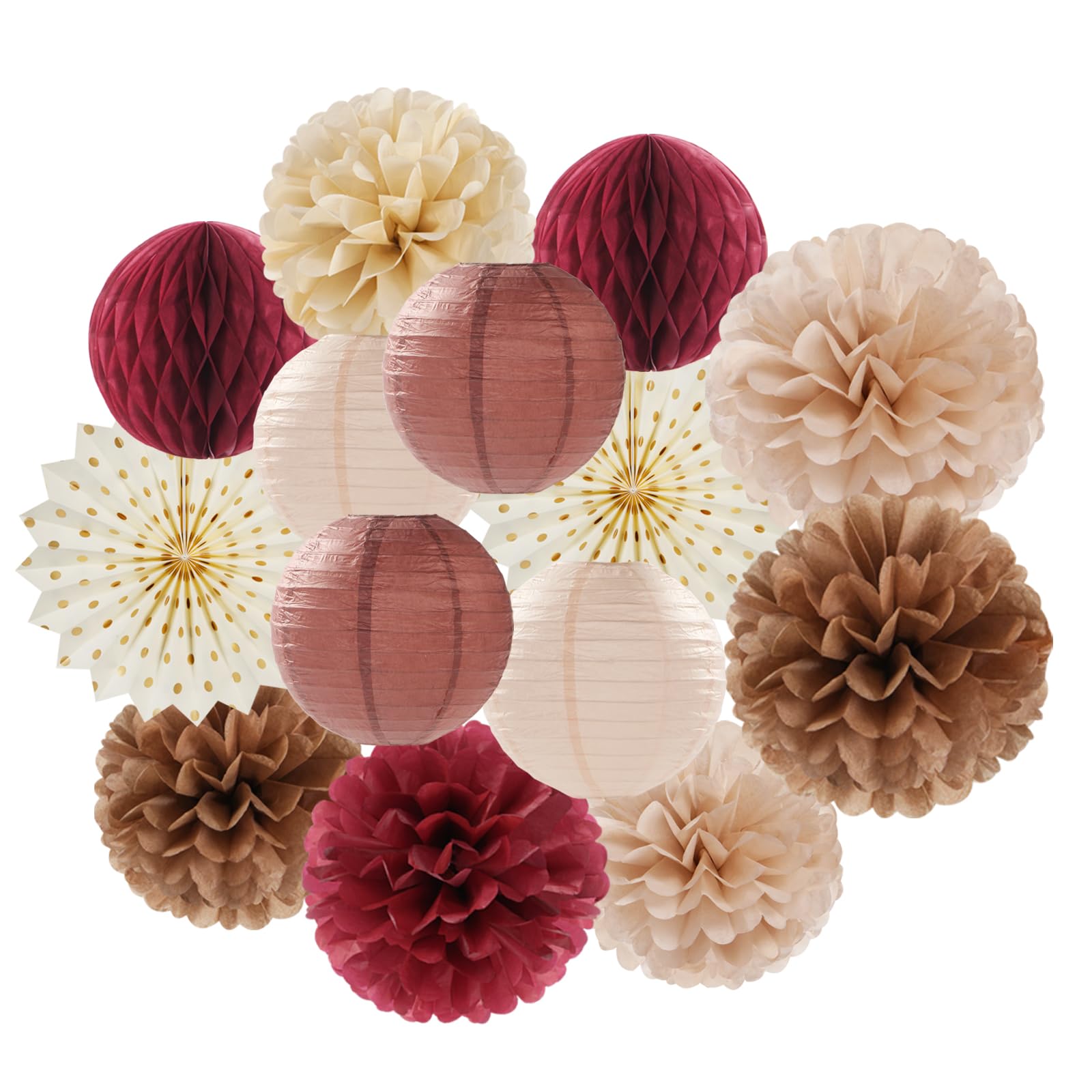 Brown Burgundy Champagne Boho Party-Decorations - 14pcs Rustic Wedding Paper Lanterns Fan,Tissue Pom Poms Streamers,Honeycomb,Fall Autumn Birthday Baby Bridal Shower Engagement Decor Lasting Surprise