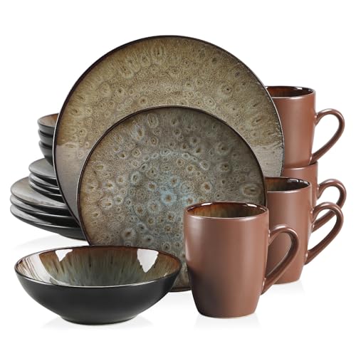 vancasso Bubble Dinnerware Sets 16-Piece - Plates and Bowls Set for 4 Dish Service Tableware Set, Microwave and Dishwasher Safe, Brown