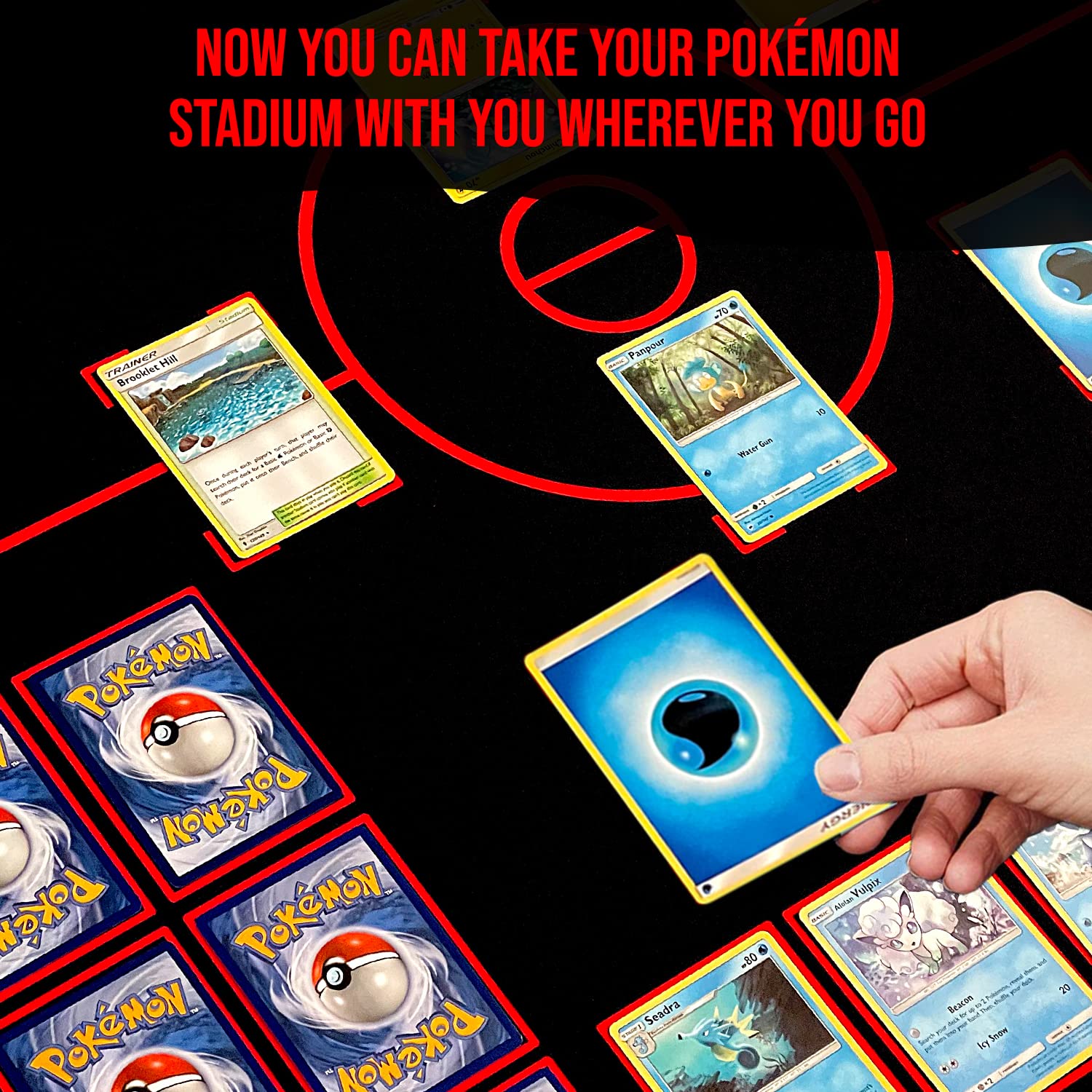 The Gaming Mat Company 2 Player Compatible Pokemon Playmat for Pokemon Cards- 28" x 18" x 0.16" Black & Red Battle Mat Stadium Board & Carry Case/Tube