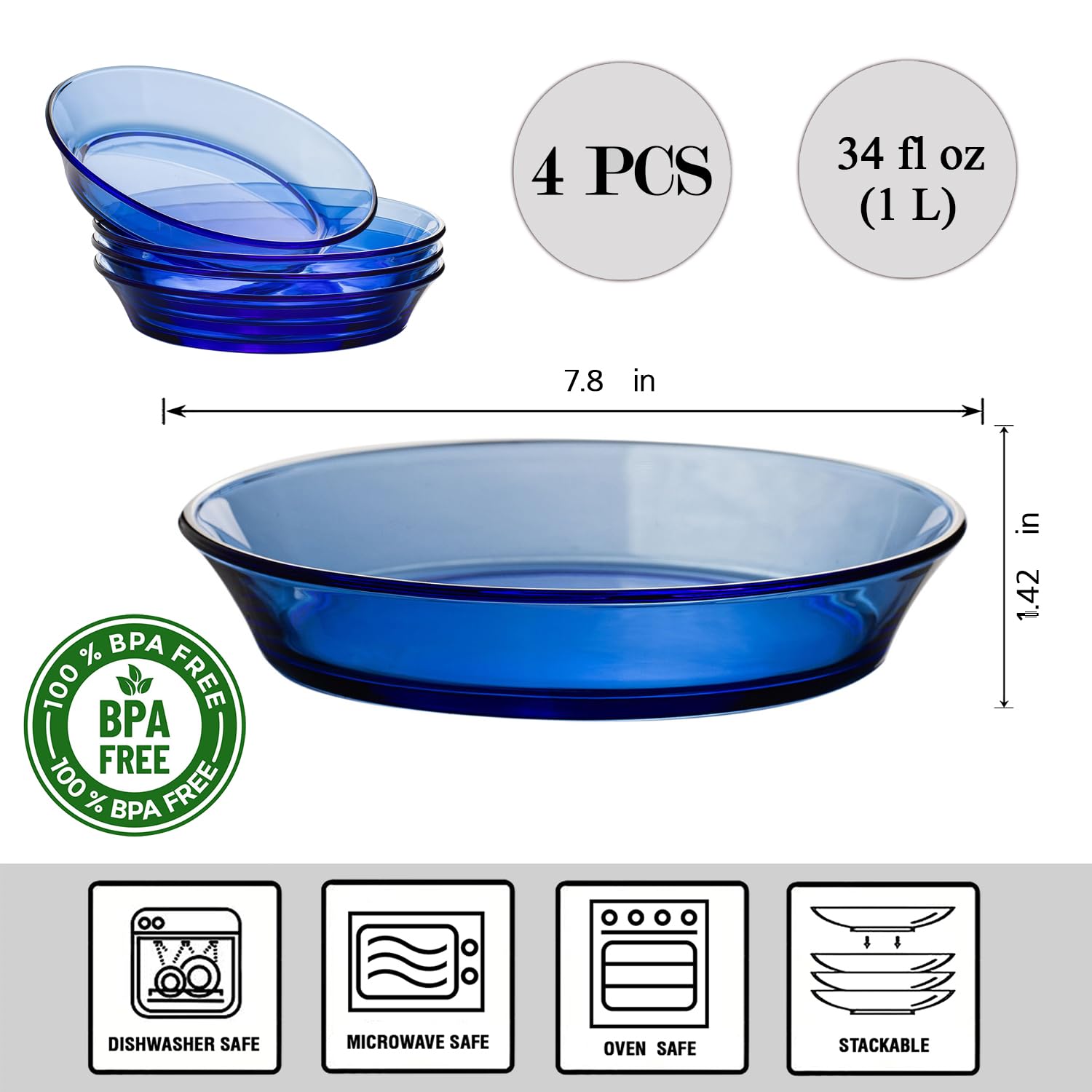 STPGoods Glass Dinner Plates - Set of 4, Blue Cobalt Transparent Glass Eating Plates, Circular Glass Dinnerware for Salad, Bread, Dinner (7.8-Inch Salad Plate Set, Set of 4)