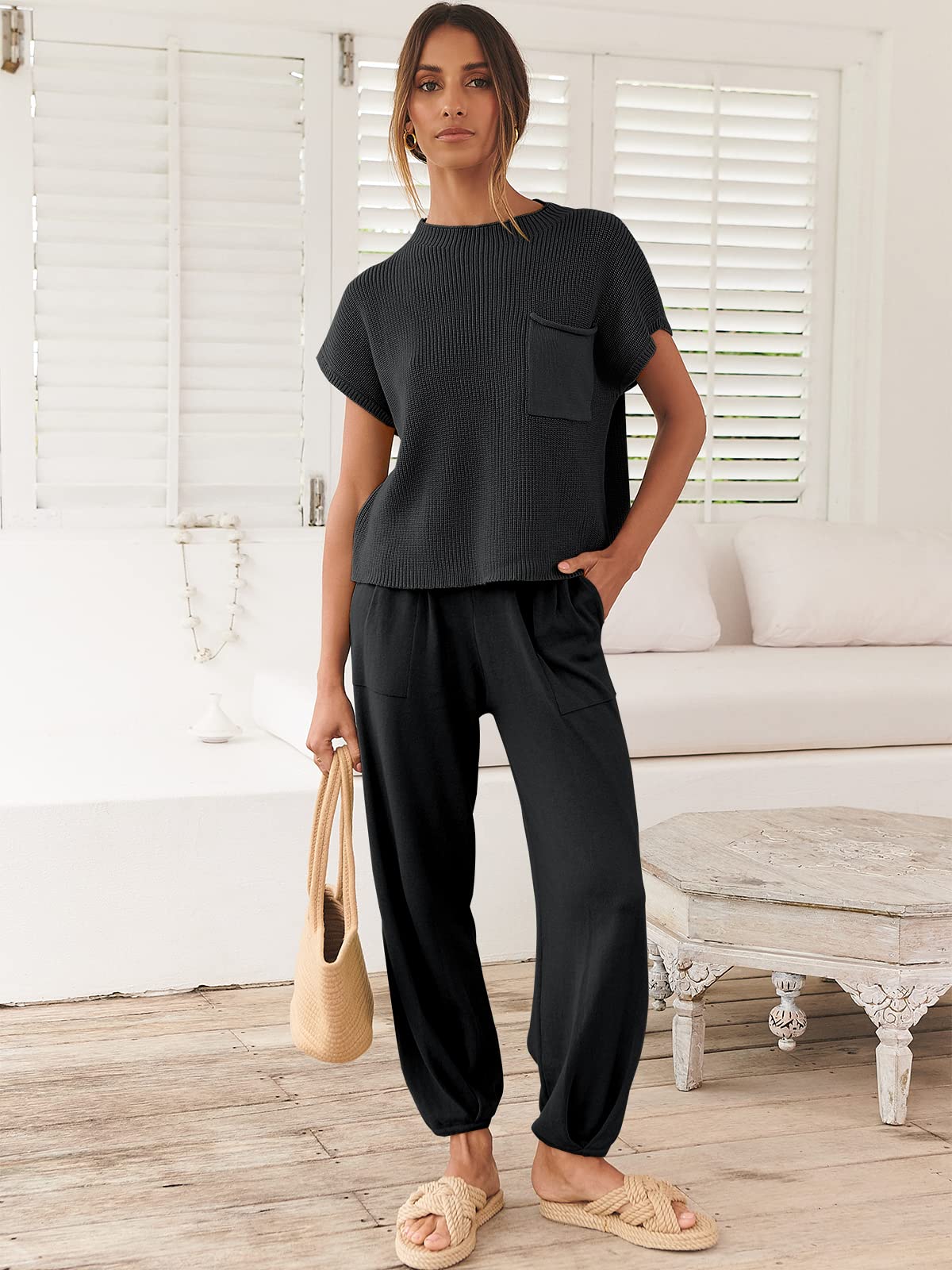 ANRABESS Women's Two Piece Outfits Knit Sweater Vest Crop Top Pants Lounge Matching Tracksuit Sweatsuit Travel Clothes Sets Black Medium