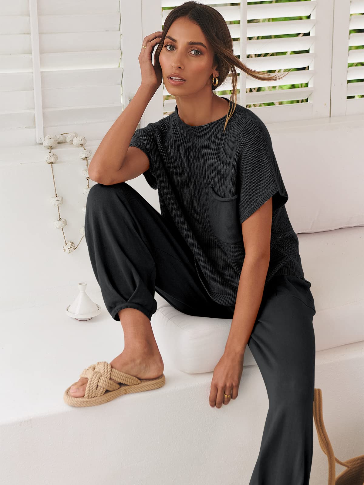 ANRABESS Women's Two Piece Outfits Knit Sweater Vest Crop Top Pants Lounge Matching Tracksuit Sweatsuit Travel Clothes Sets Black Medium