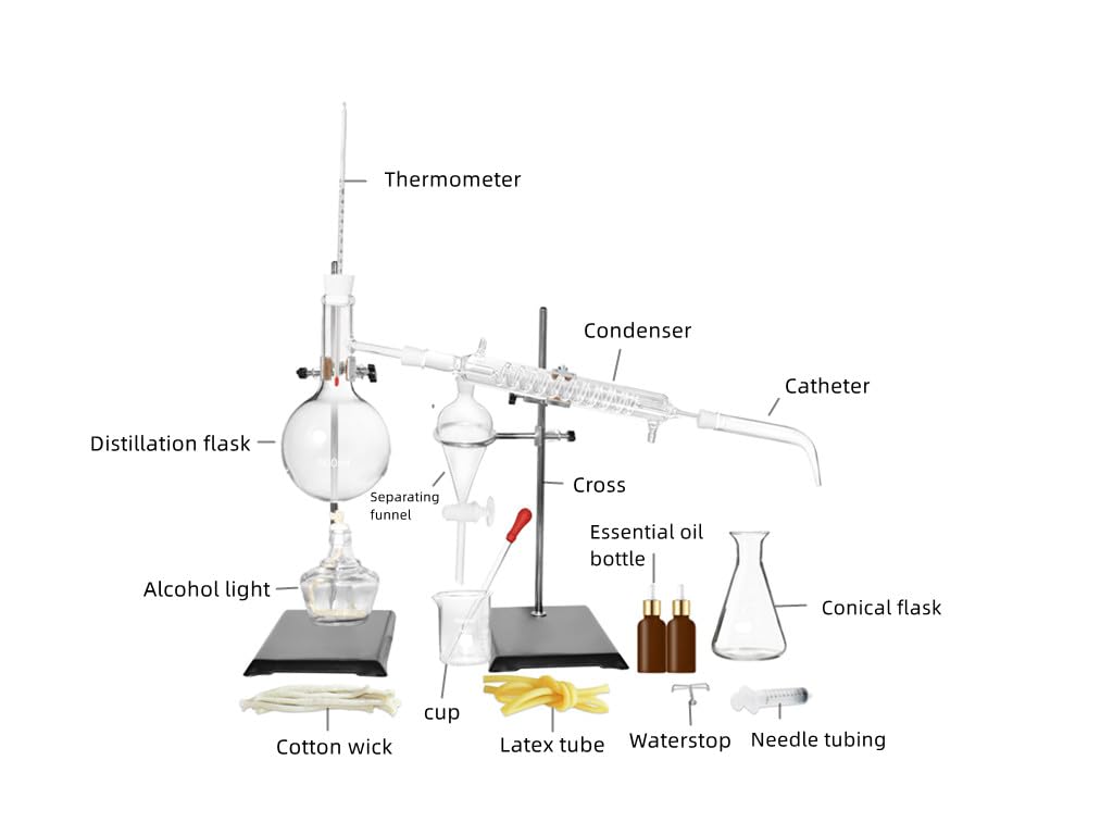 Home Distiller Distilling to Making Your Own Essential Oil, Moonshine, Alcohol Distiller Chemistry Lab Glassware Kit,Glass Distilling,Distillation Apparatus 22pcs Kit, 500 ML