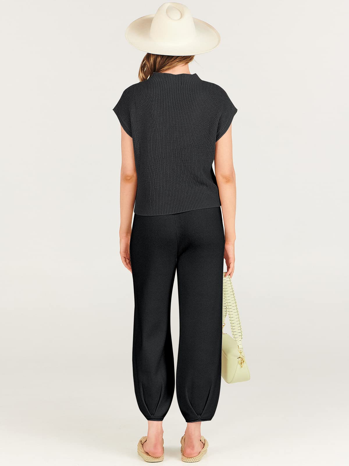 ANRABESS Women's Two Piece Outfits Knit Sweater Vest Crop Top Pants Lounge Matching Tracksuit Sweatsuit Travel Clothes Sets Black Medium