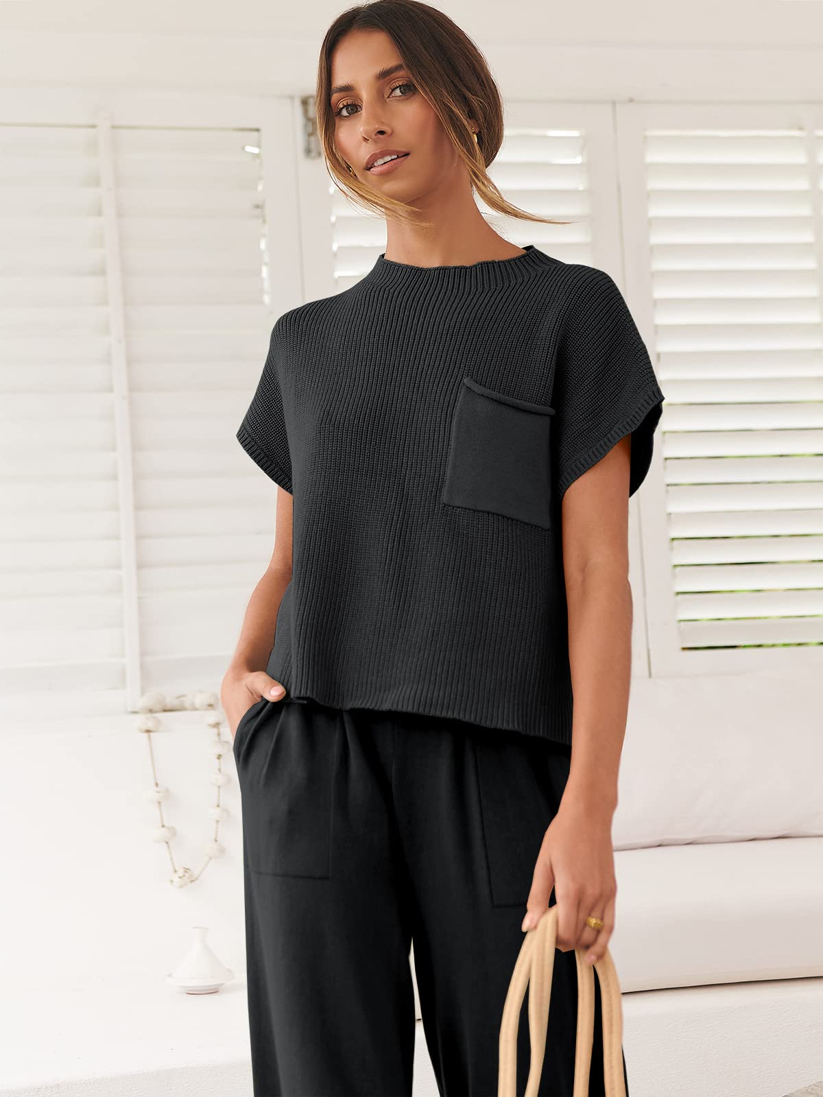 ANRABESS Women's Two Piece Outfits Knit Sweater Vest Crop Top Pants Lounge Matching Tracksuit Sweatsuit Travel Clothes Sets Black Medium