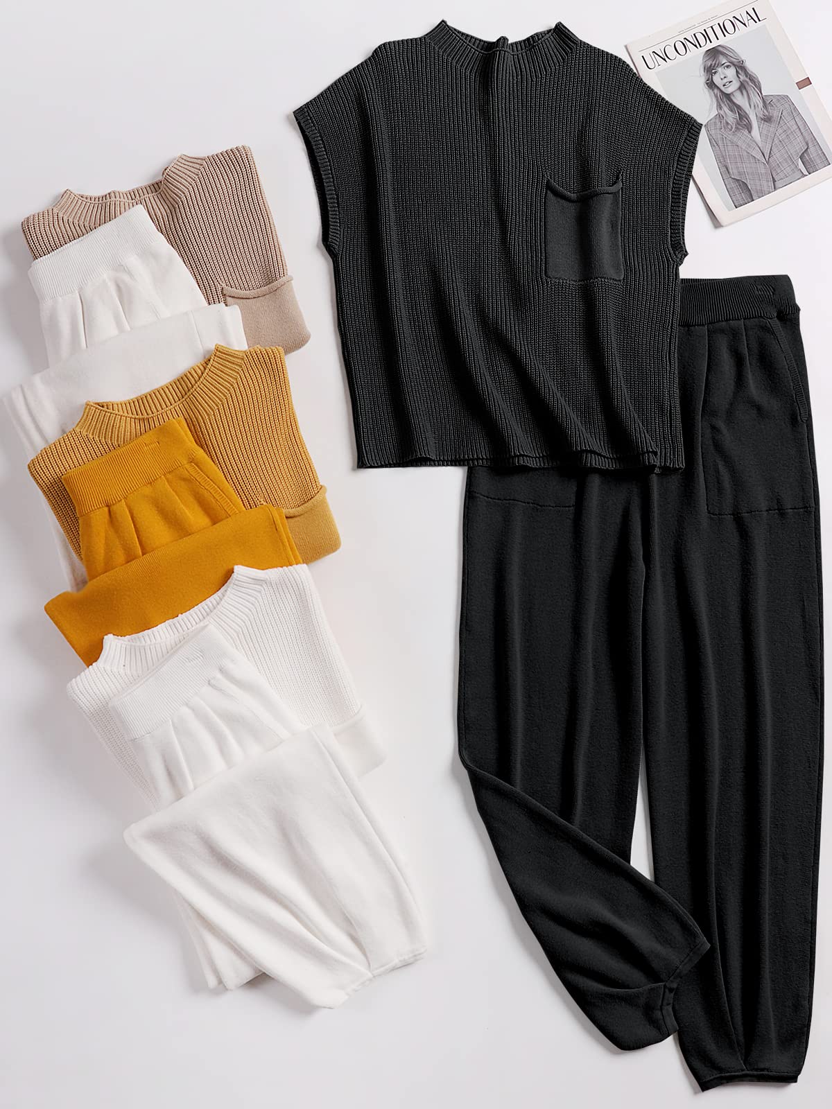 ANRABESS Women's Two Piece Outfits Knit Sweater Vest Crop Top Pants Lounge Matching Tracksuit Sweatsuit Travel Clothes Sets Black Medium