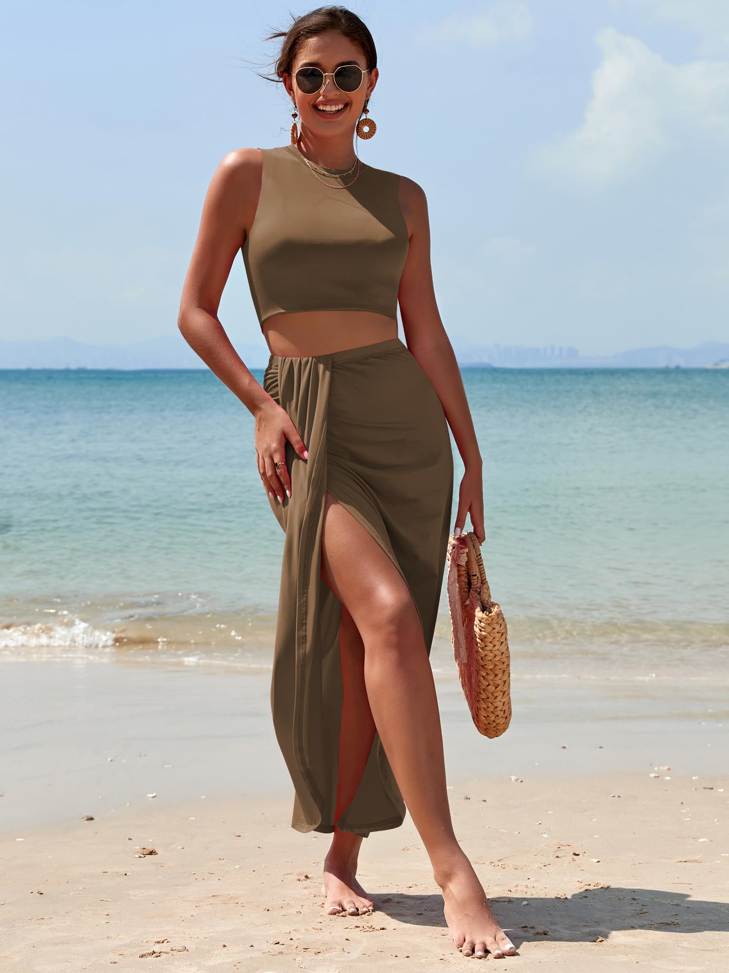 ZAFUL Women's Casual Sleeveless Summer Two Piece Outfits Solid Crop Top and Draped Ruched Maxi Skirt Set Solid Suiting (B-Brown, L)