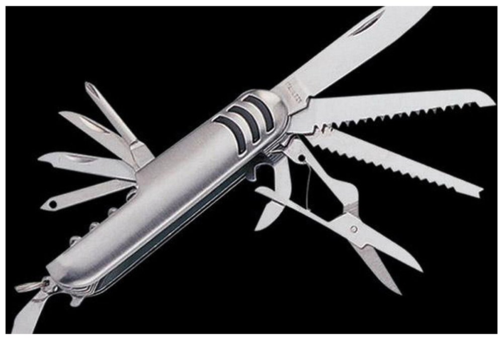 Multi Function Pocket Tools Chest Knife Stainless Steel with 11 features: knife, saw, double jagged, scissors, bottle opener, can opener, the screwdriver, file, the threading, scissors, red wine drill